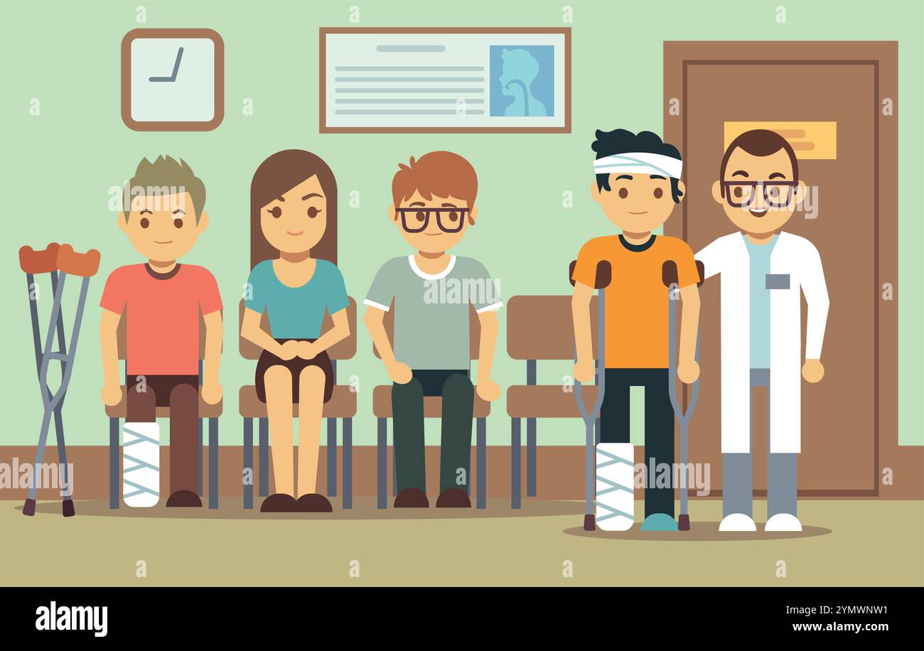 Medical clinic interior with doctor and patients. Hospital scene Stock ...