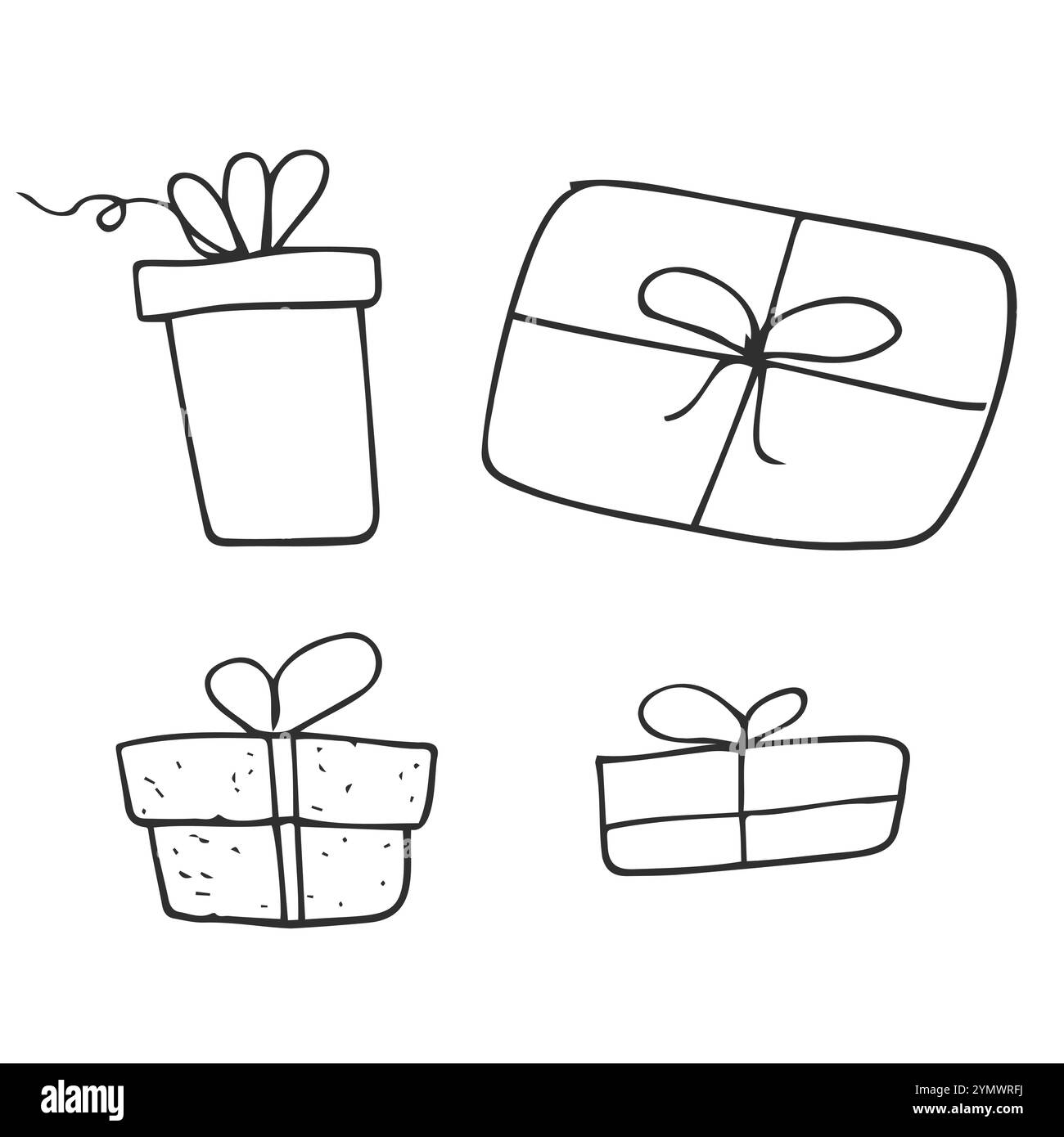 Hand drawn icons gifts with bows in cartoon style. Doodle gift box icon ...