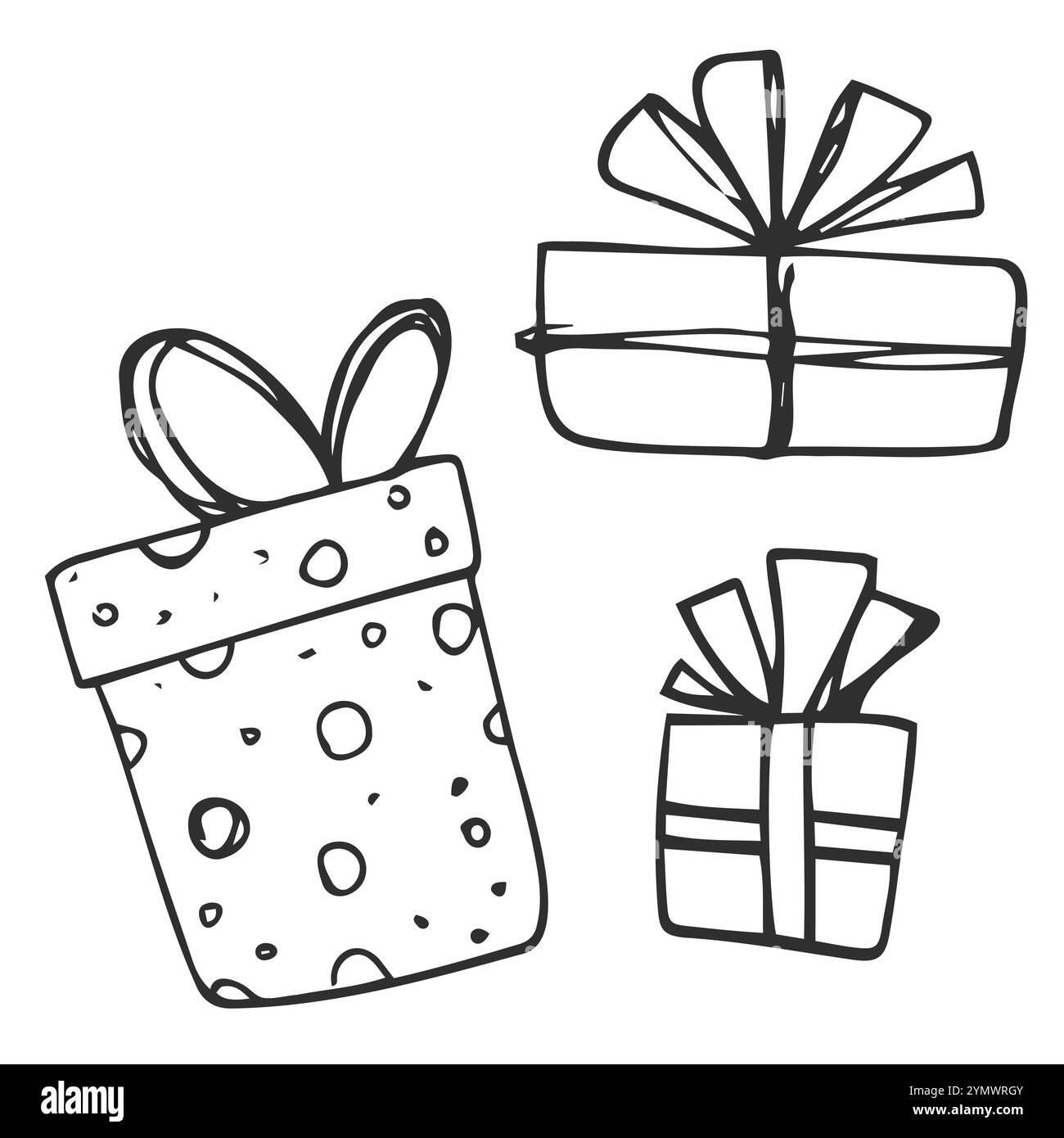 Hand drawn icons gifts with bows in cartoon style. Doodle gift box icon ...