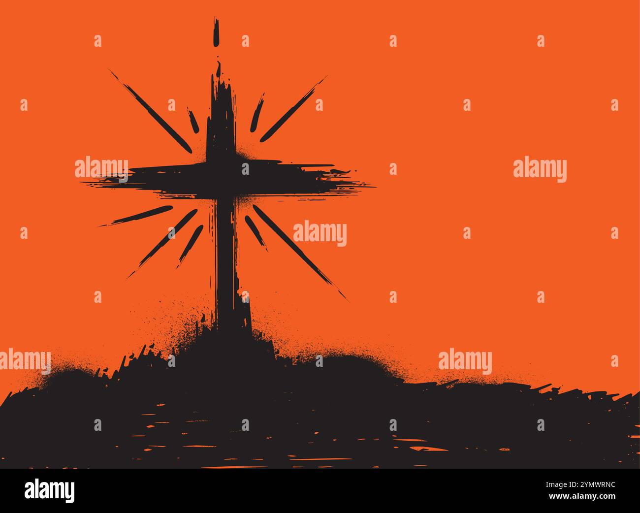 Black Christian cross symbol standing over splattered and splattered ...