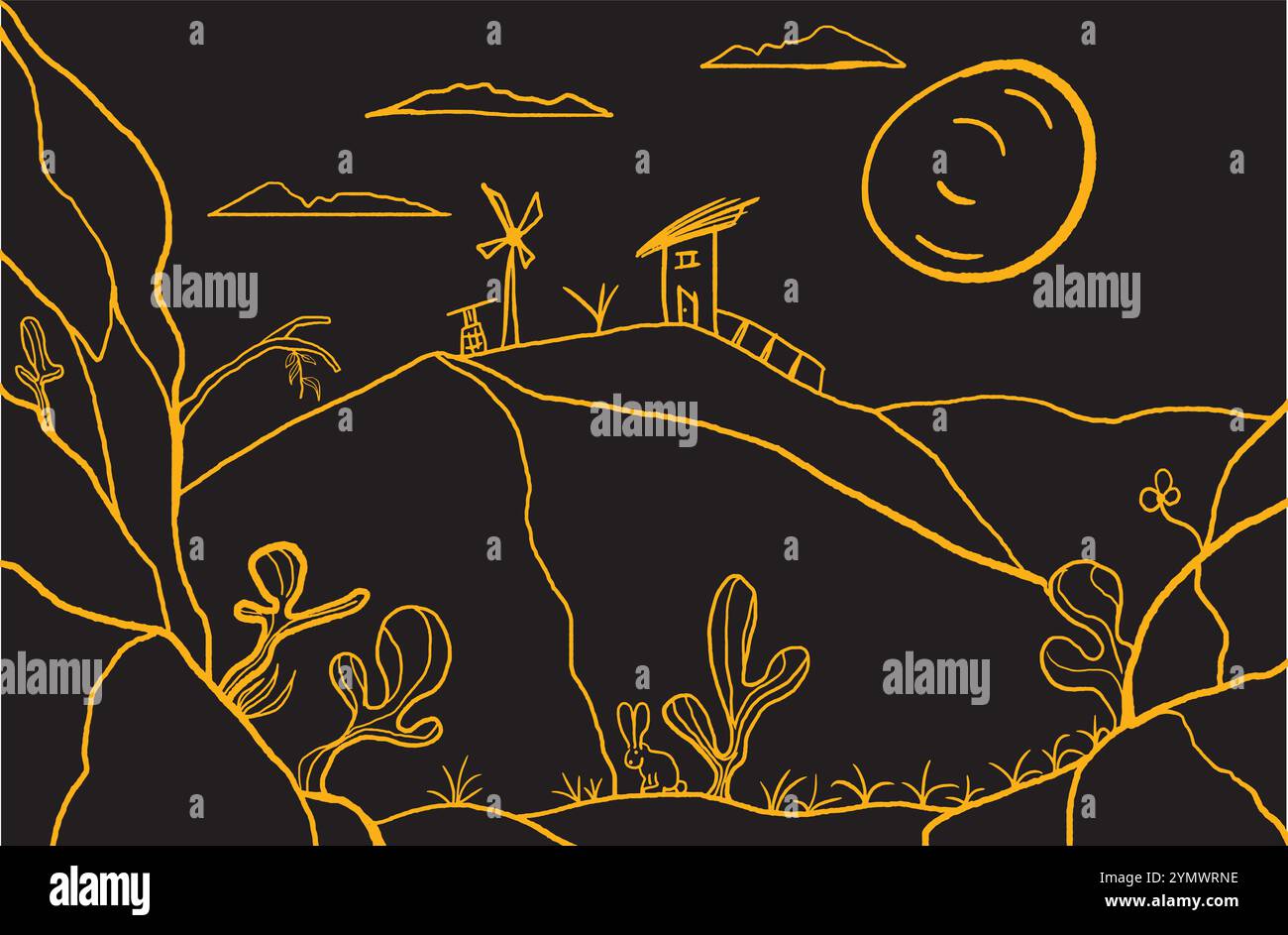 Desert landscape drawing featuring cacti, rocks, and a house on a hill ...