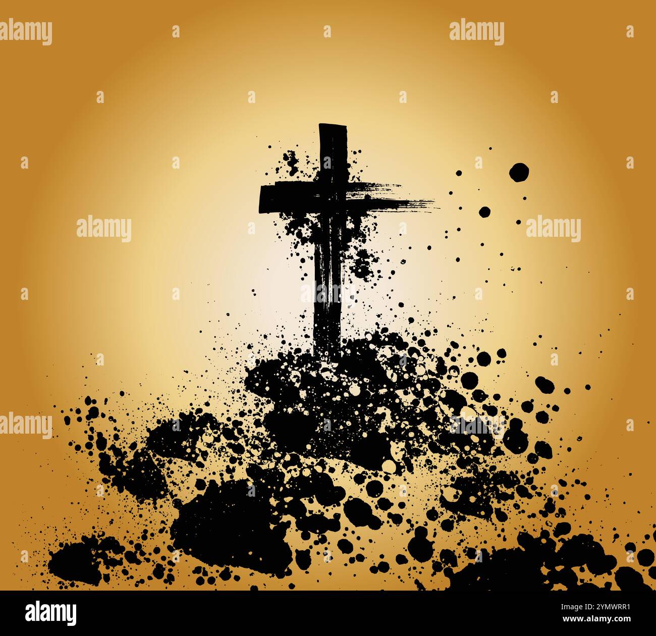 Black Christian cross symbol standing over splattered paint on gold ...