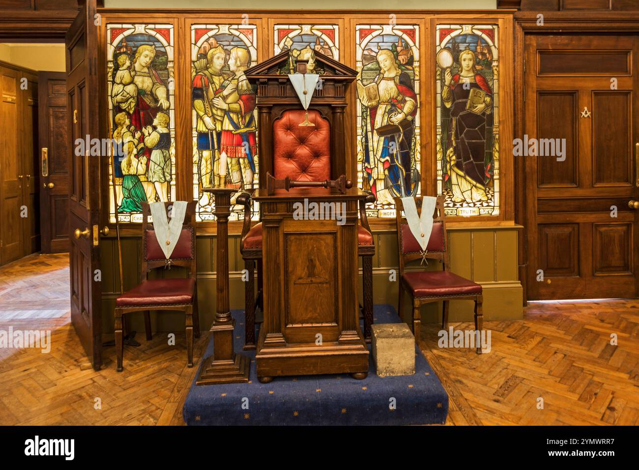 Interior of a Masonic Temple, UK with symbols and stained glass Stock ...