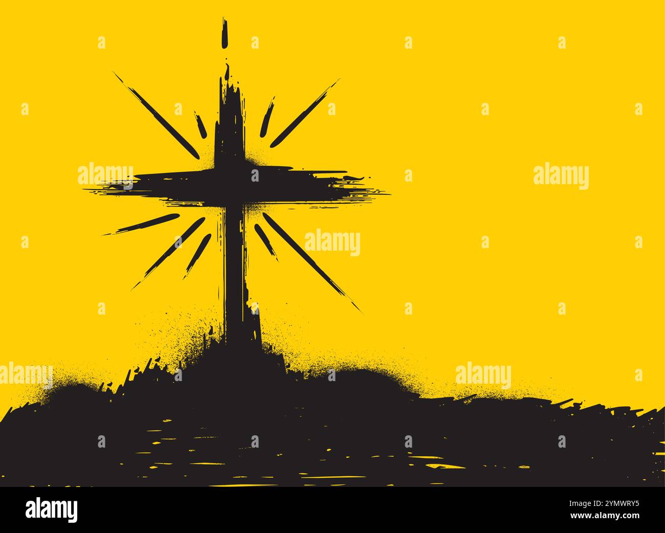 Red Christian cross symbol standing over splattered paint on black ...