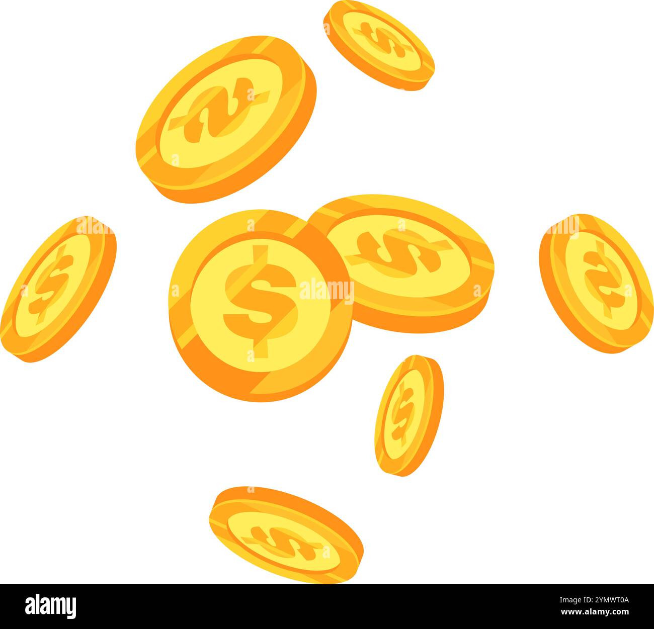 Shiny gold coins with dollar signs are rotating mid air, creating a ...