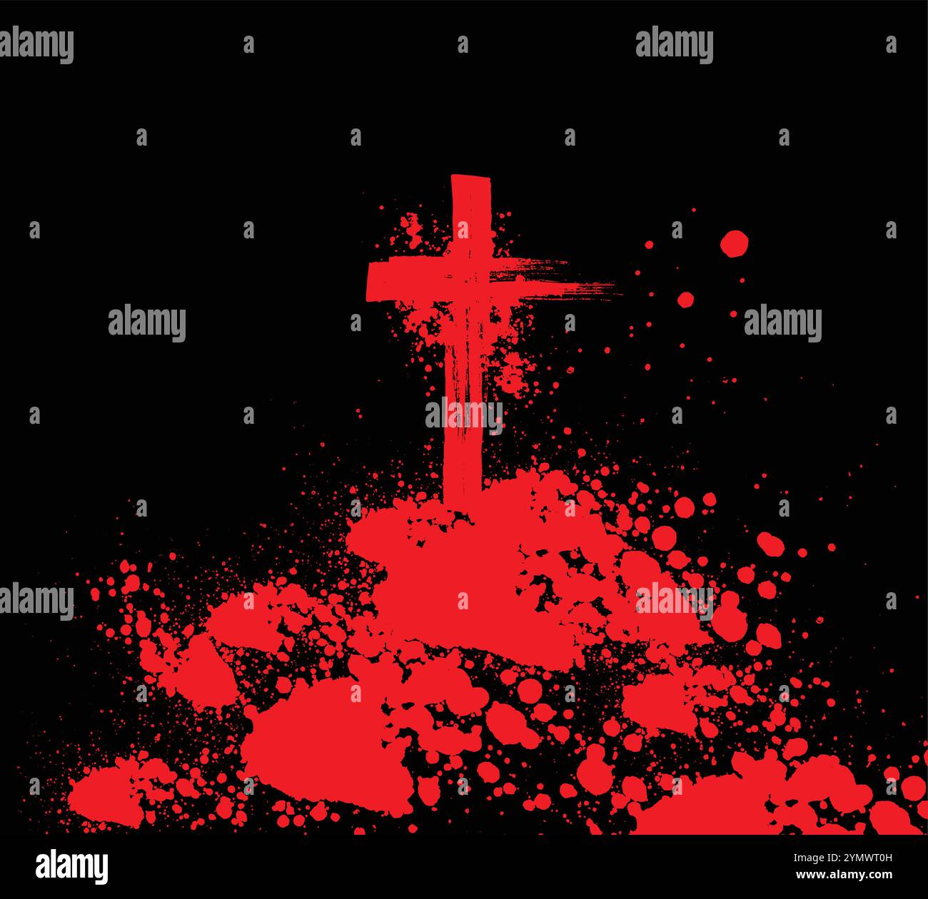 Red Christian cross symbol standing over splattered paint on black ...
