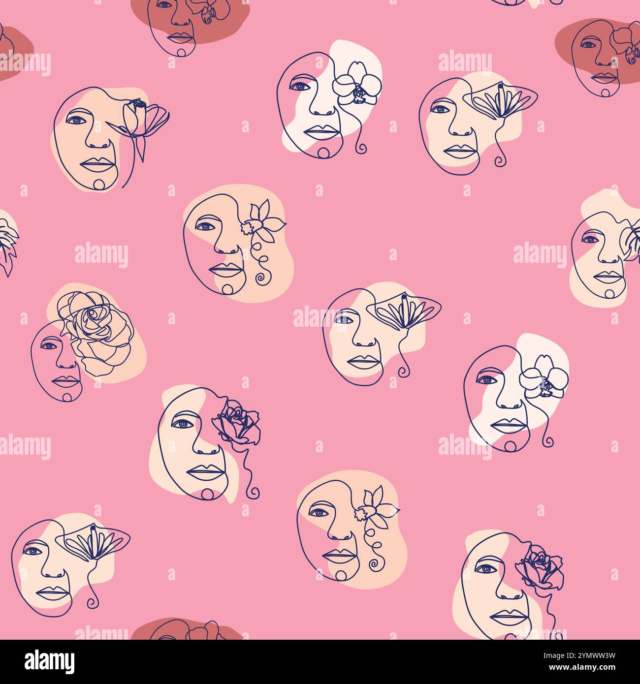 Female portrait Outline woman face, abstract flowers leaves, line ...