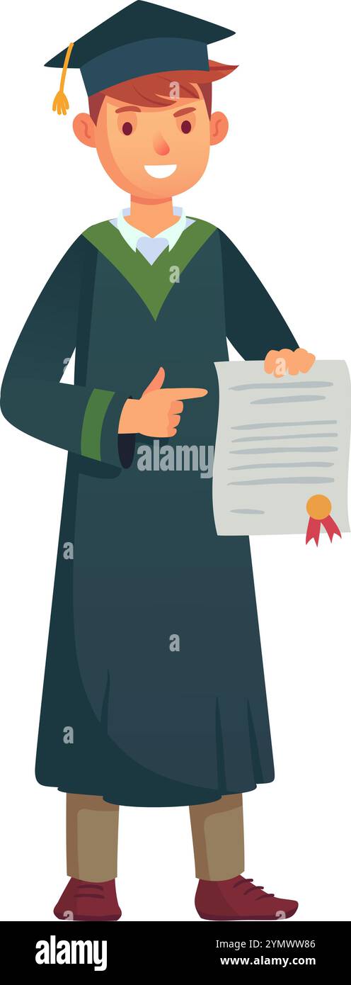 Proud graduate wearing academic gown and graduation cap, pointing at ...