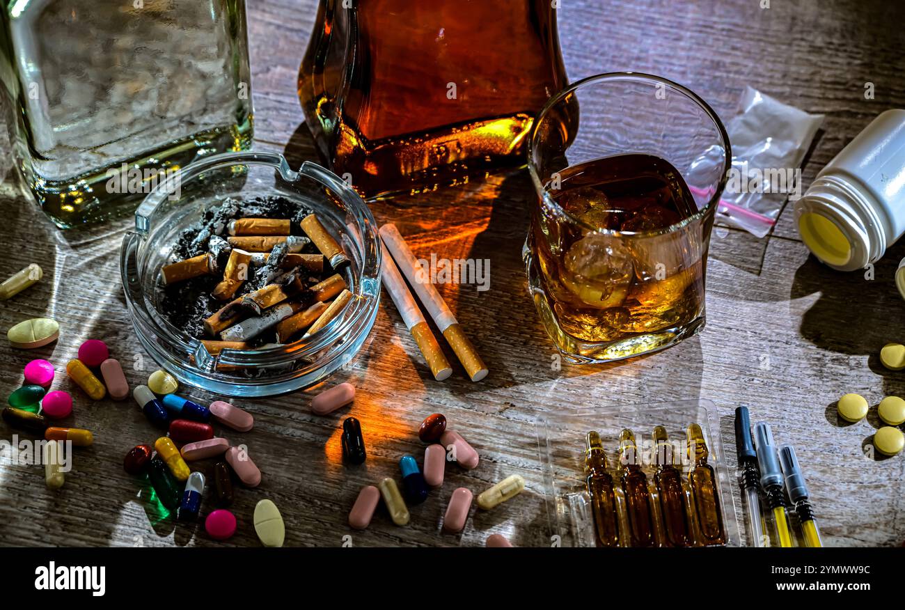 Addictive substances, including alcohol, cigarettes and drugs Stock ...