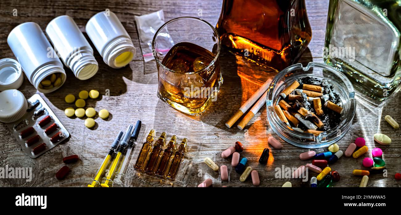 Addictive substances including alcohol cigarettes hi-res stock ...