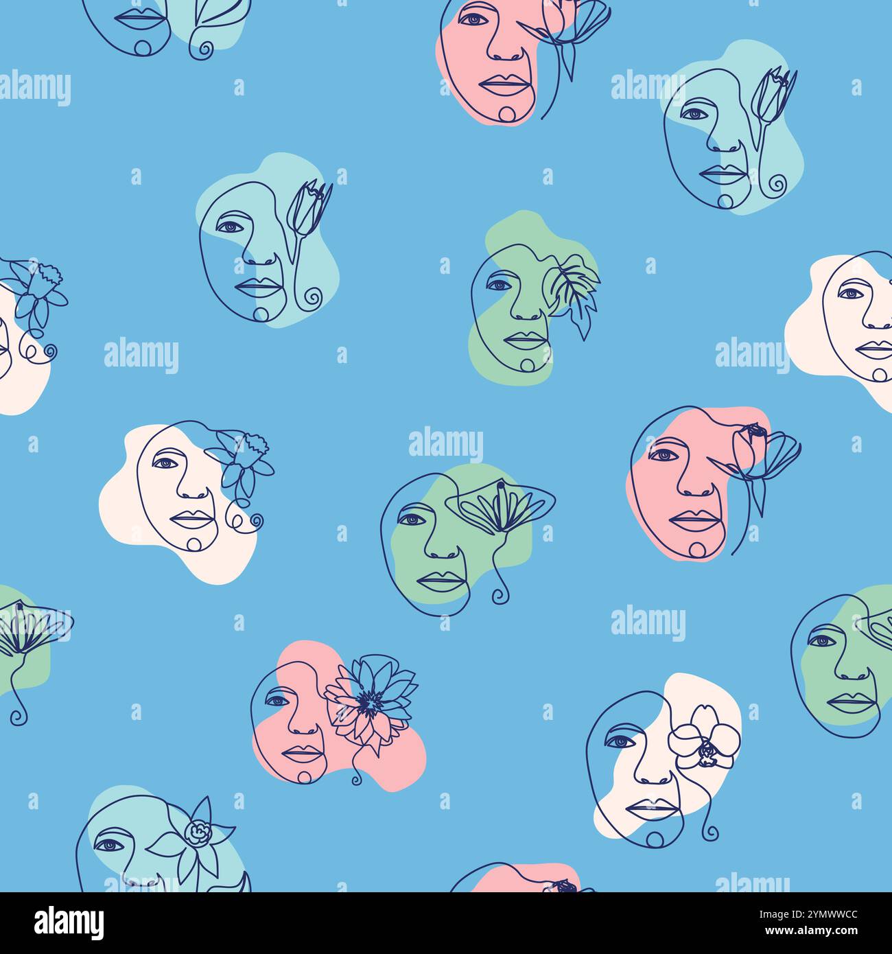 Female portrait Outline woman face, abstract flowers leaves, line ...