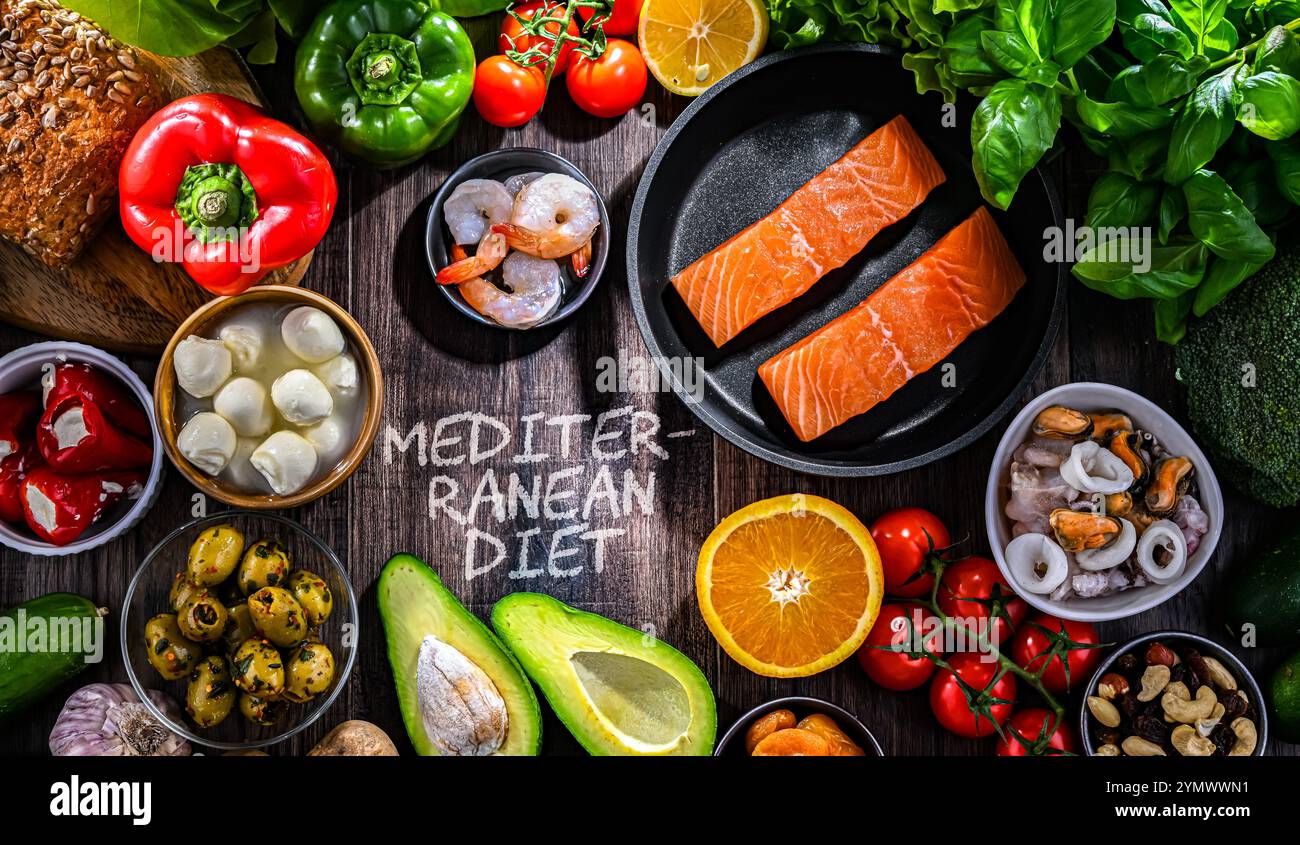 Food products representing the Mediterranean diet Stock Photo - Alamy