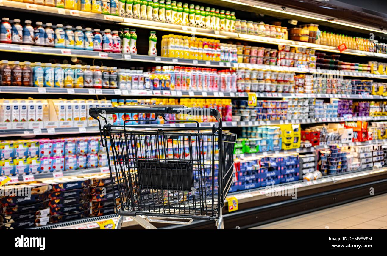 A shopping cart by a store shelf in a supermarket Stock Photo - Alamy