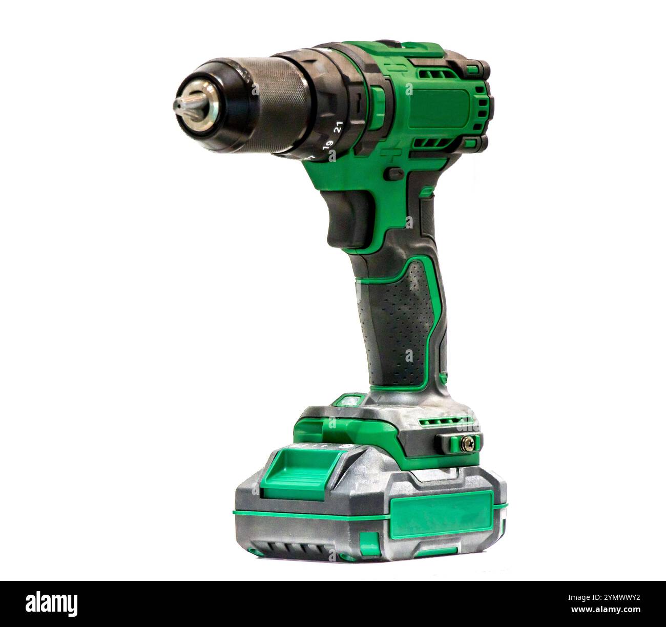 Green drill with rechargeable battery isolated white background Stock ...