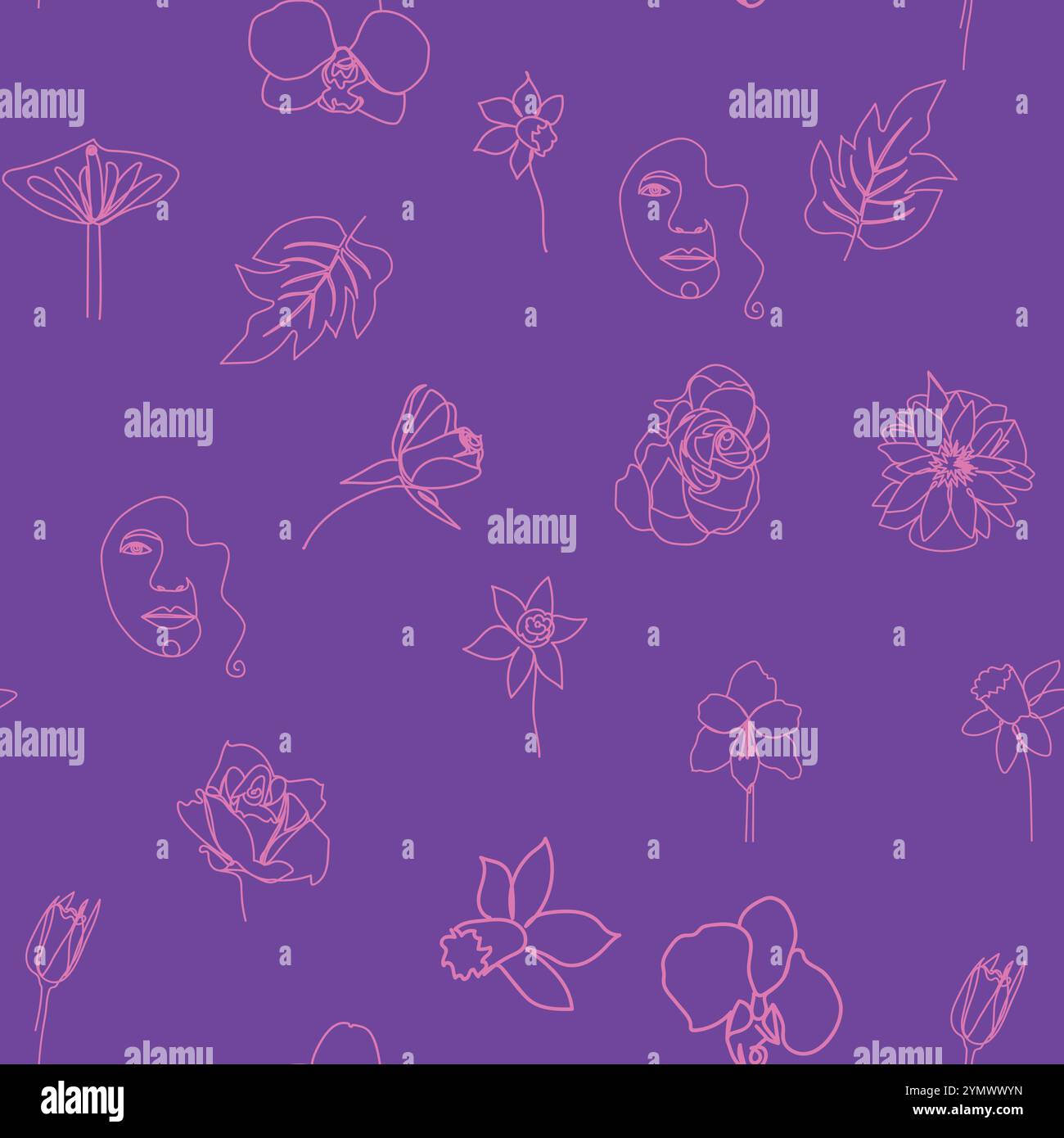 Woman face Continuous line seamless pattern. Abstract Female portrait ...