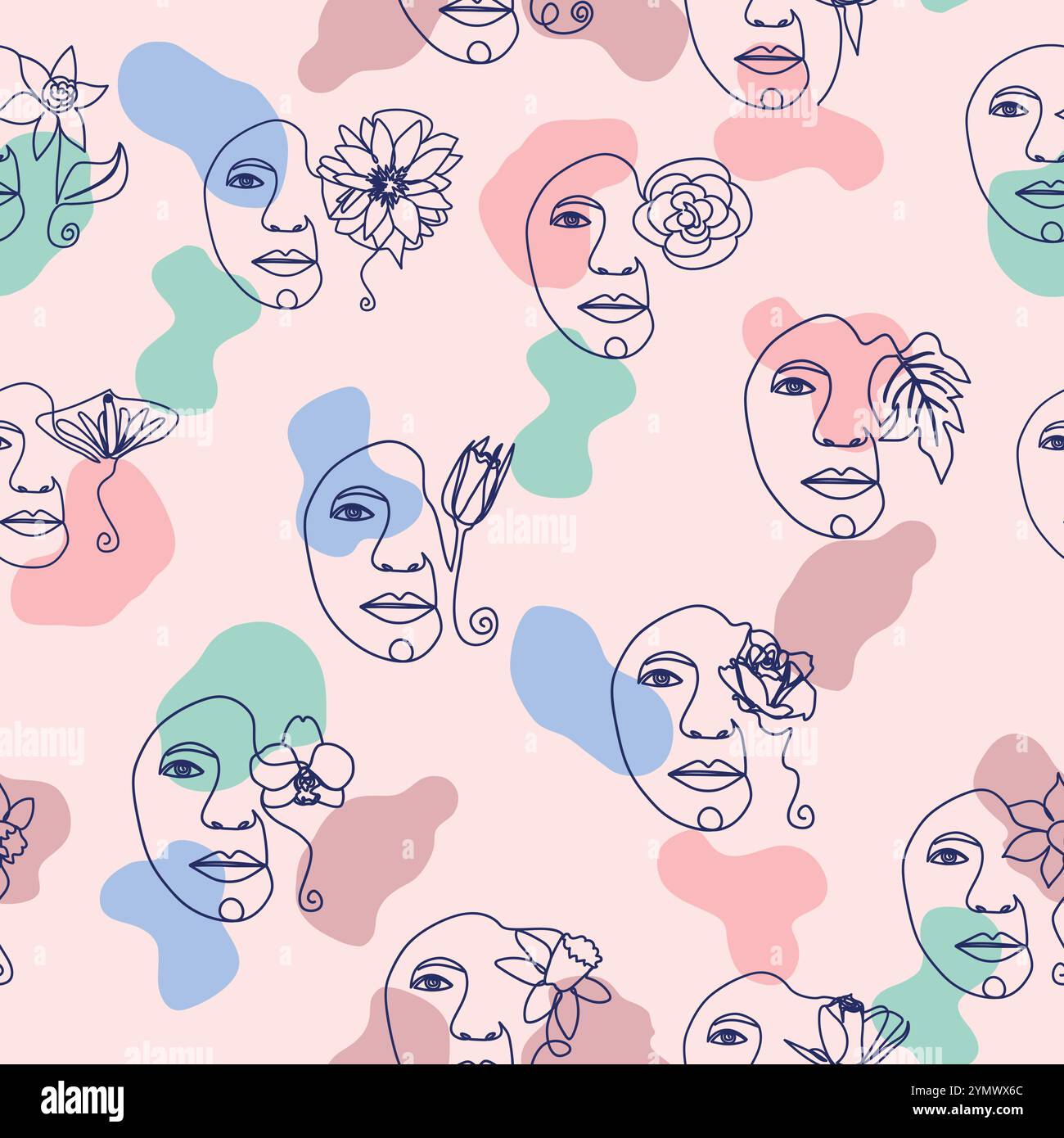 Female portrait Outline woman face, abstract flowers leaves, line ...