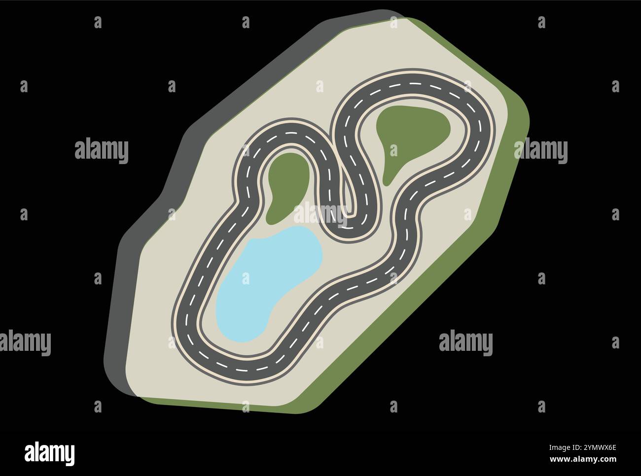 road, winding, landscape, illustration, stylized, lake, trees, path ...