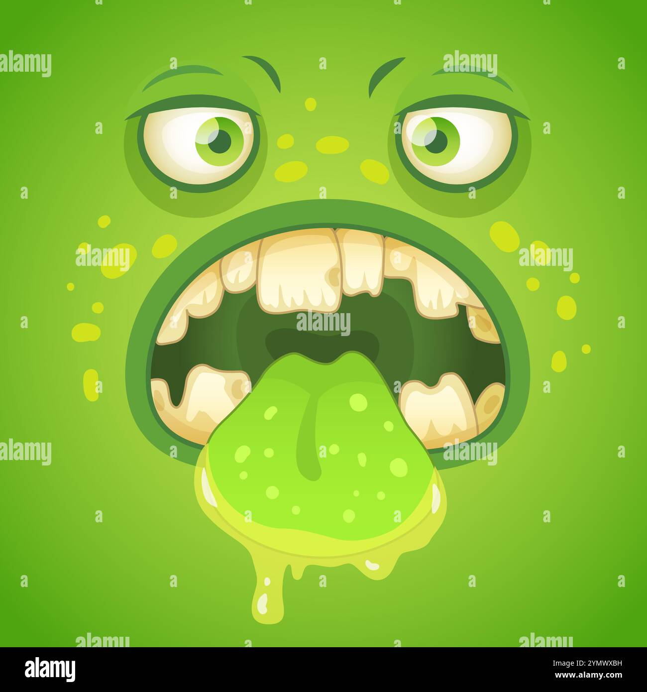 Funny monster face with a big green tongue and teeth, both scary and ...