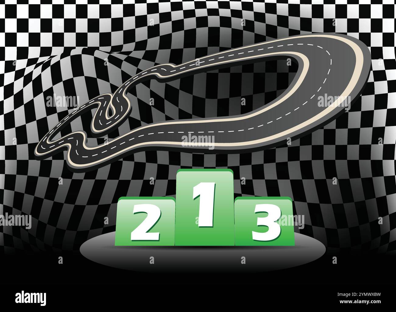 Winding road leading to a winners podium with a checkered flag ...