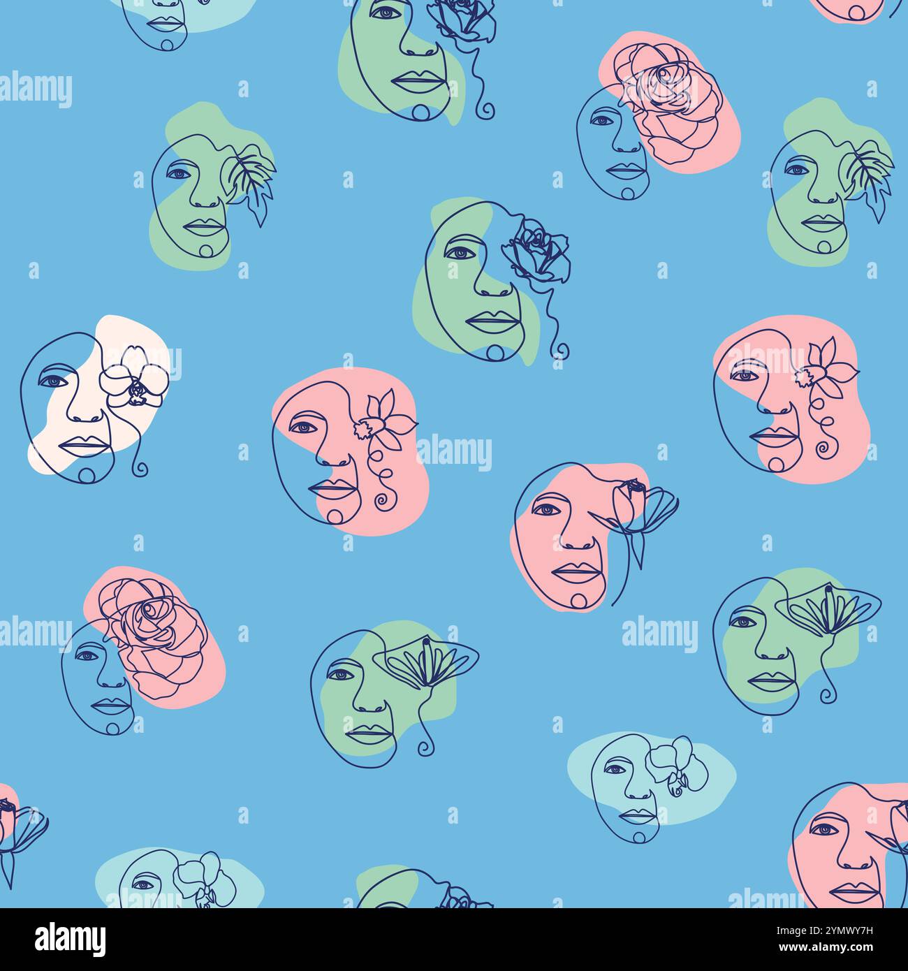 Female portrait Outline woman face, abstract flowers leaves, line ...