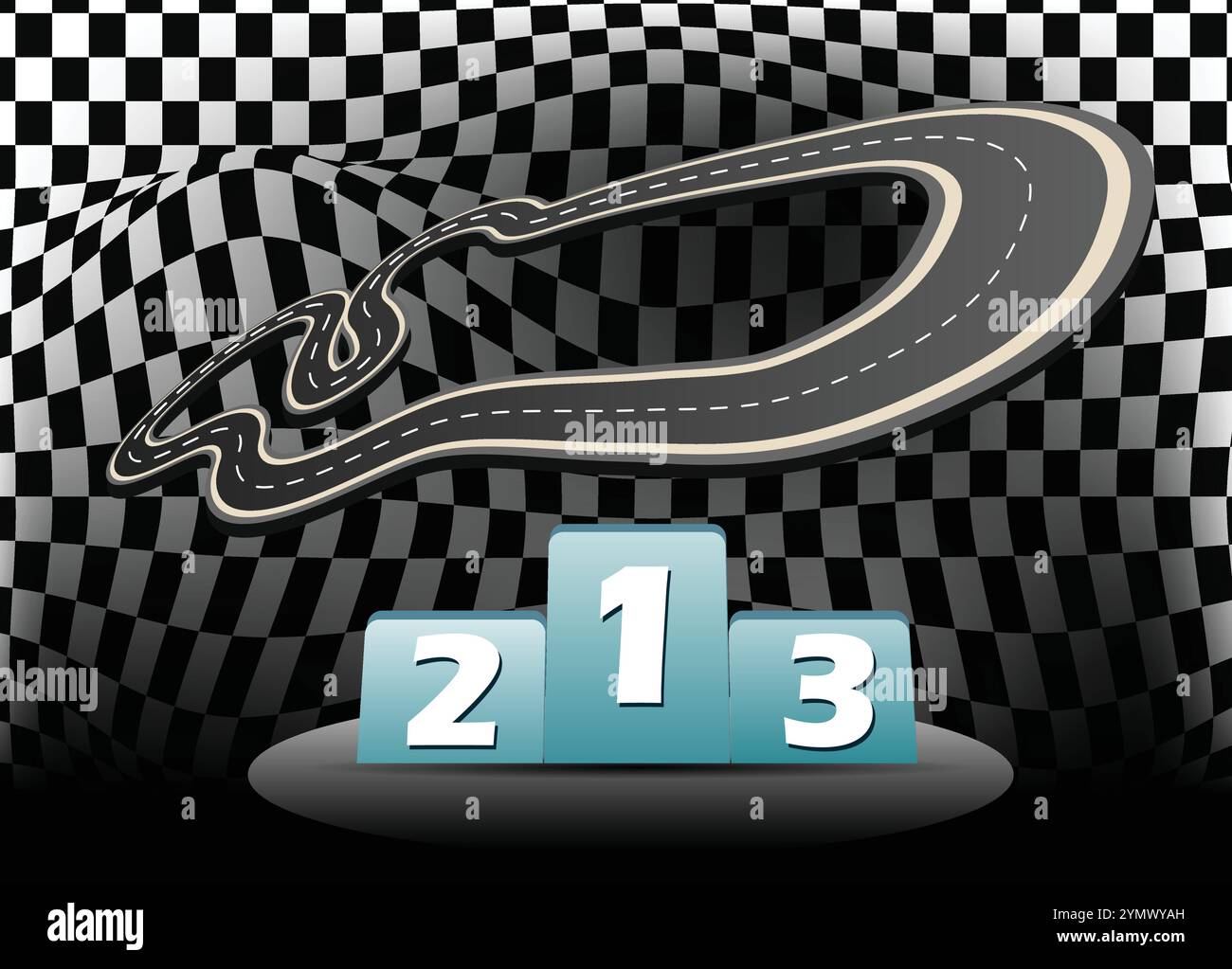 Winding road leading to a winners podium with a checkered flag ...