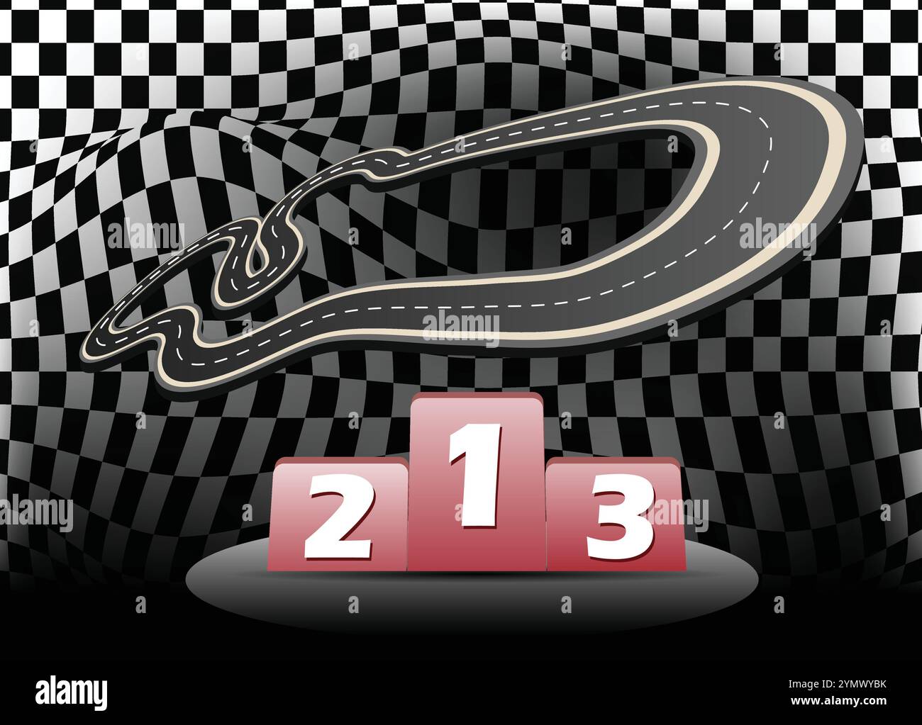 Winding road leading to a winners podium with a checkered flag ...