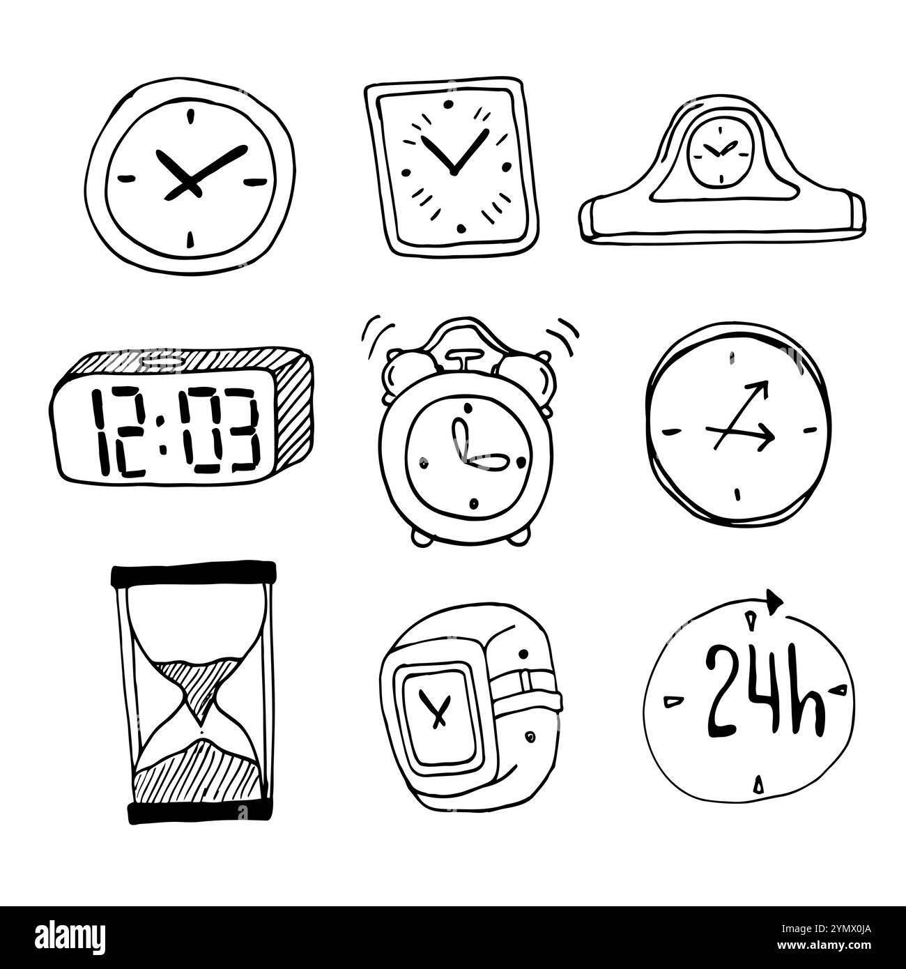 Set of doodle sketch watches. Alarm clocks, sand glasses, stop-watch ...