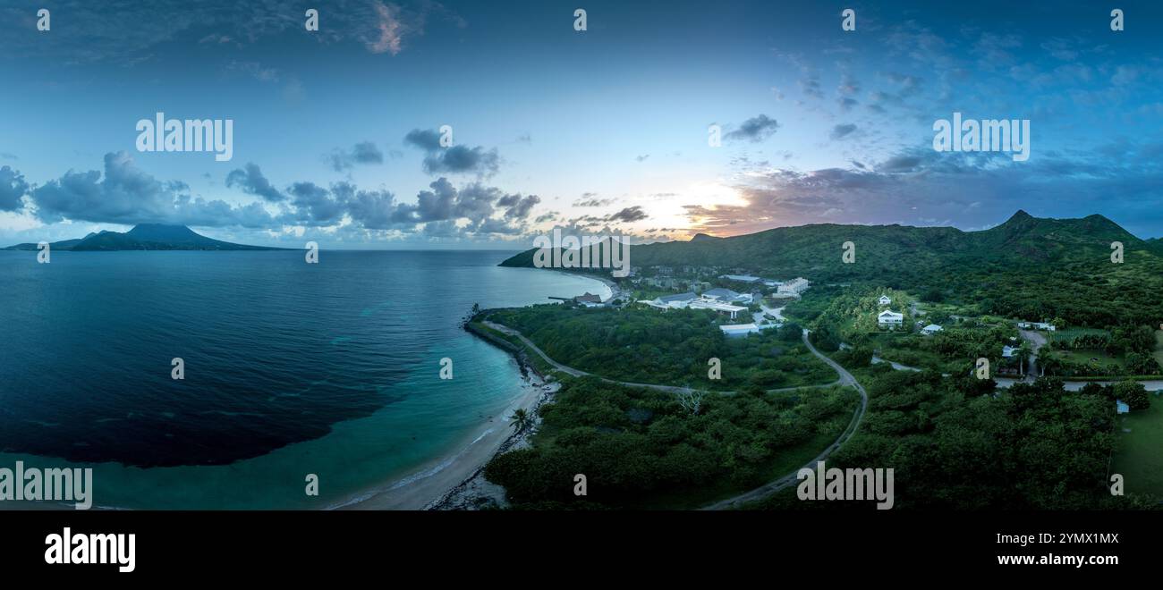 Aerial sunset panorama view of St. Kitts with Nevis peak, turquoise ...
