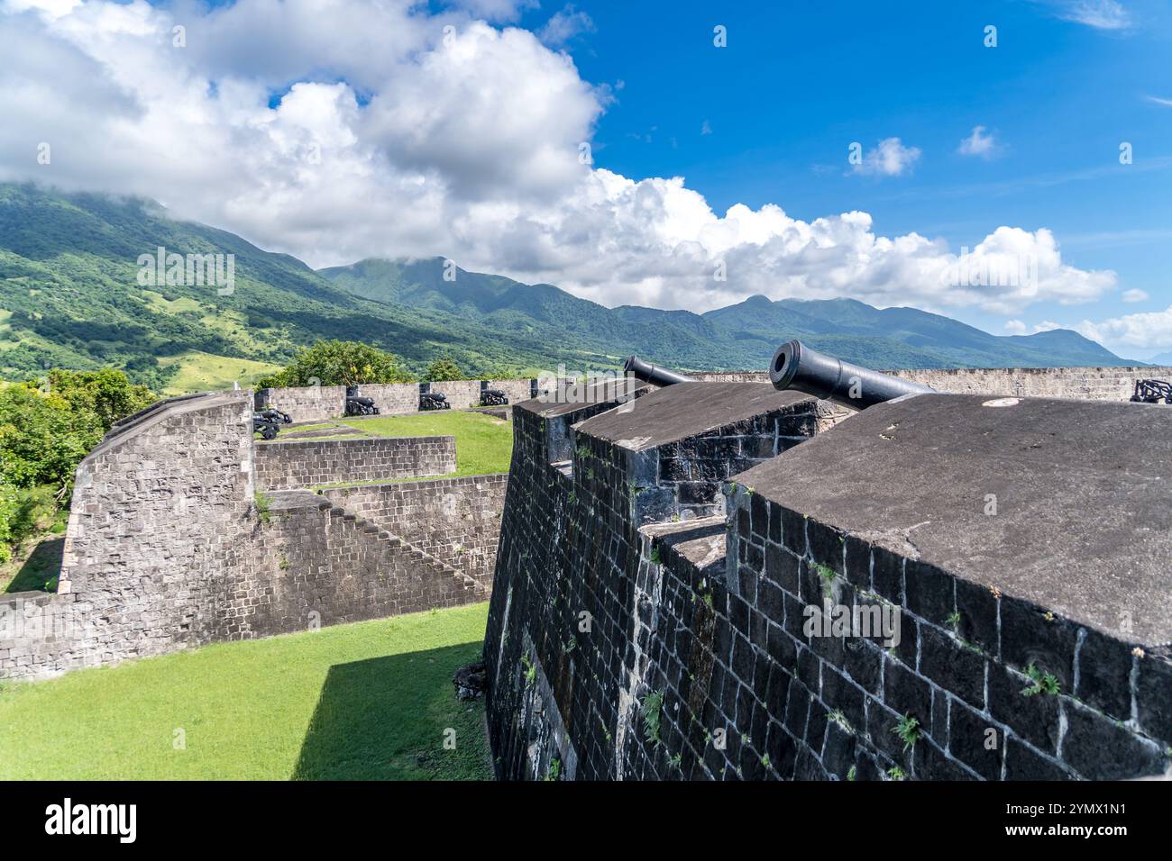 Canons mounted on Brimstone Hill Fort ramparts St Kitts and Nevis Stock ...