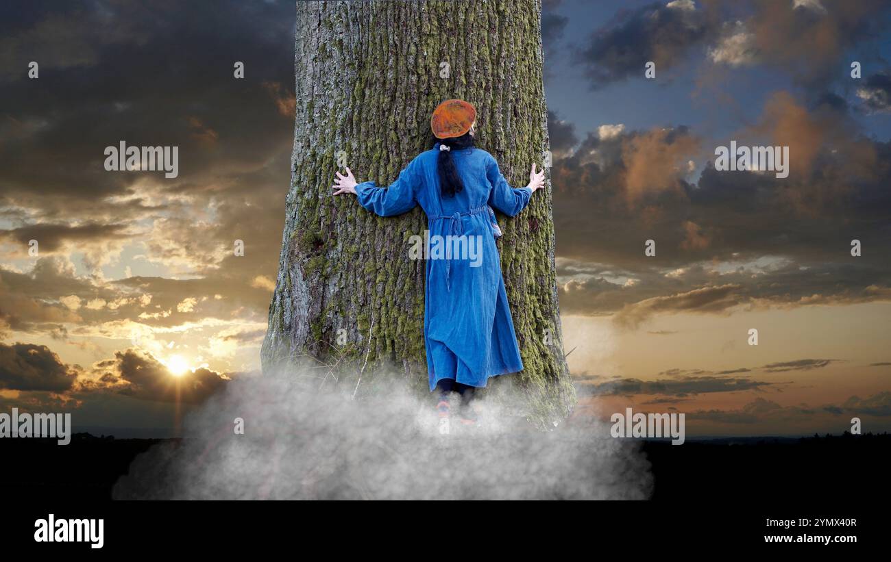 Woman clinging to a tree, which is taking off Stock Photo - Alamy