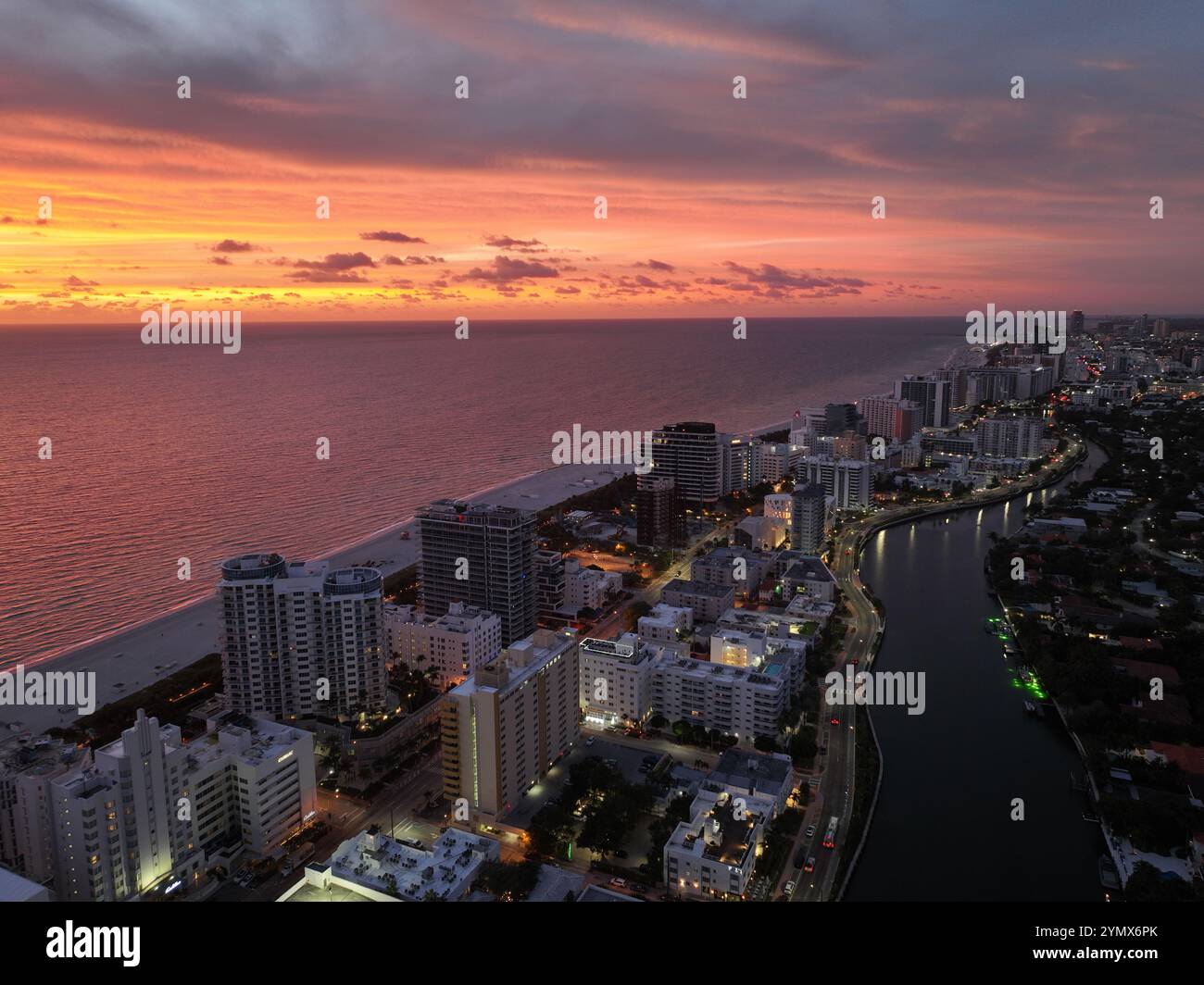 Spectacular sunrise over Miami Beach with the Ocean and Buildings ...