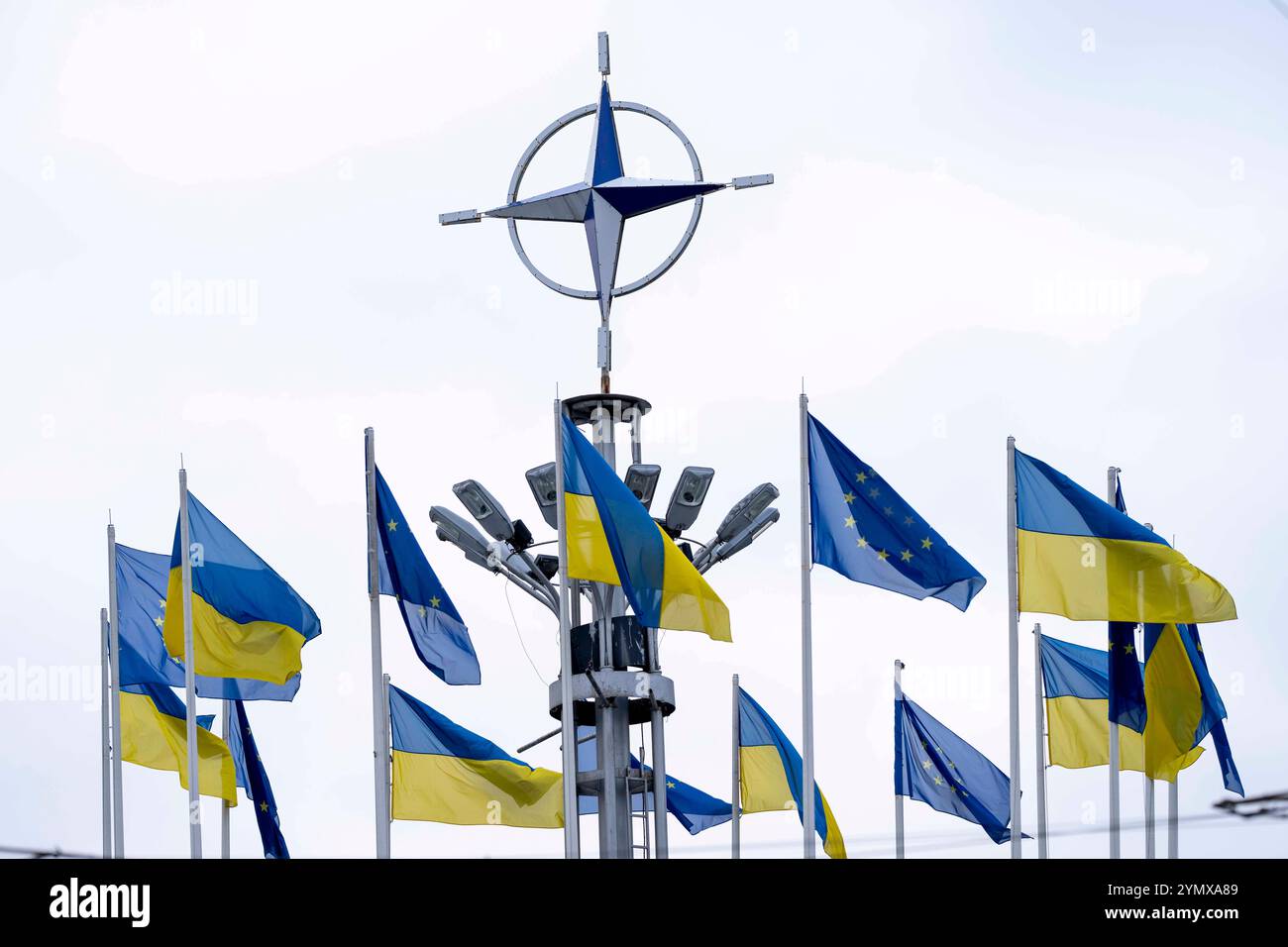 Ukrainian and European flags with the NATO compass rose, depicted in ...