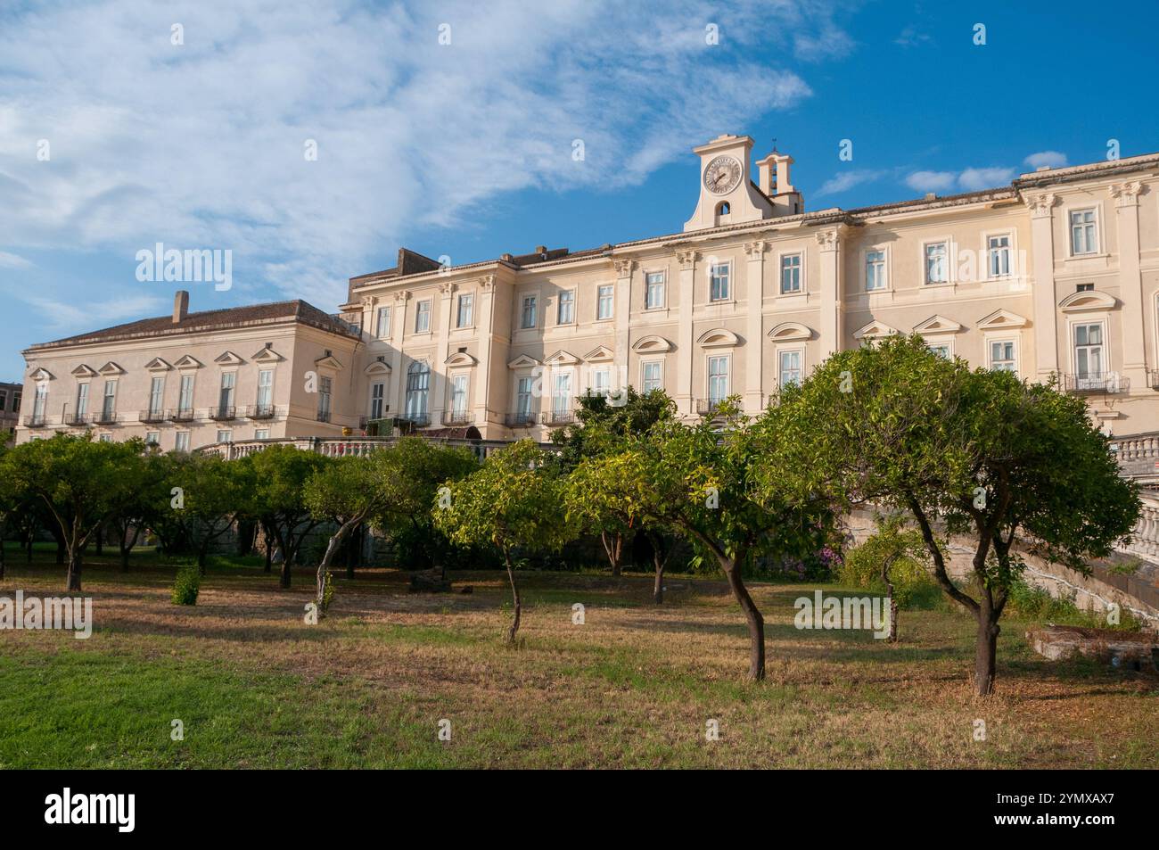 Facade towards the park of the Royal Palace of Portici, one of the Vesuvian villas of the so ...