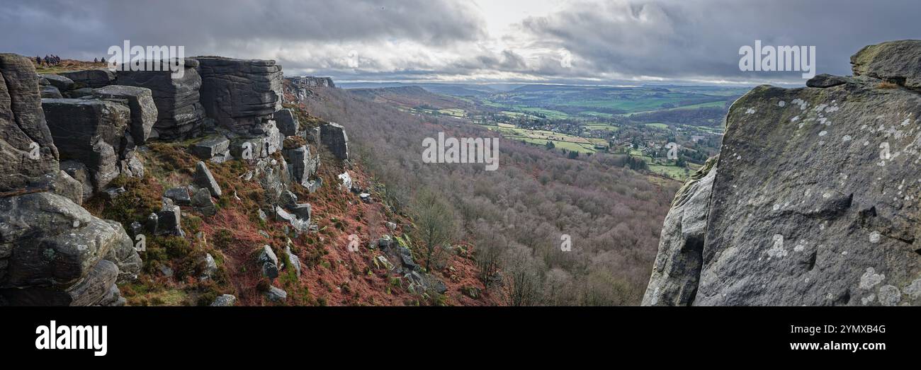 Dramatic clouds seen through a gap in the rocks of Curbar Edge, Peak ...