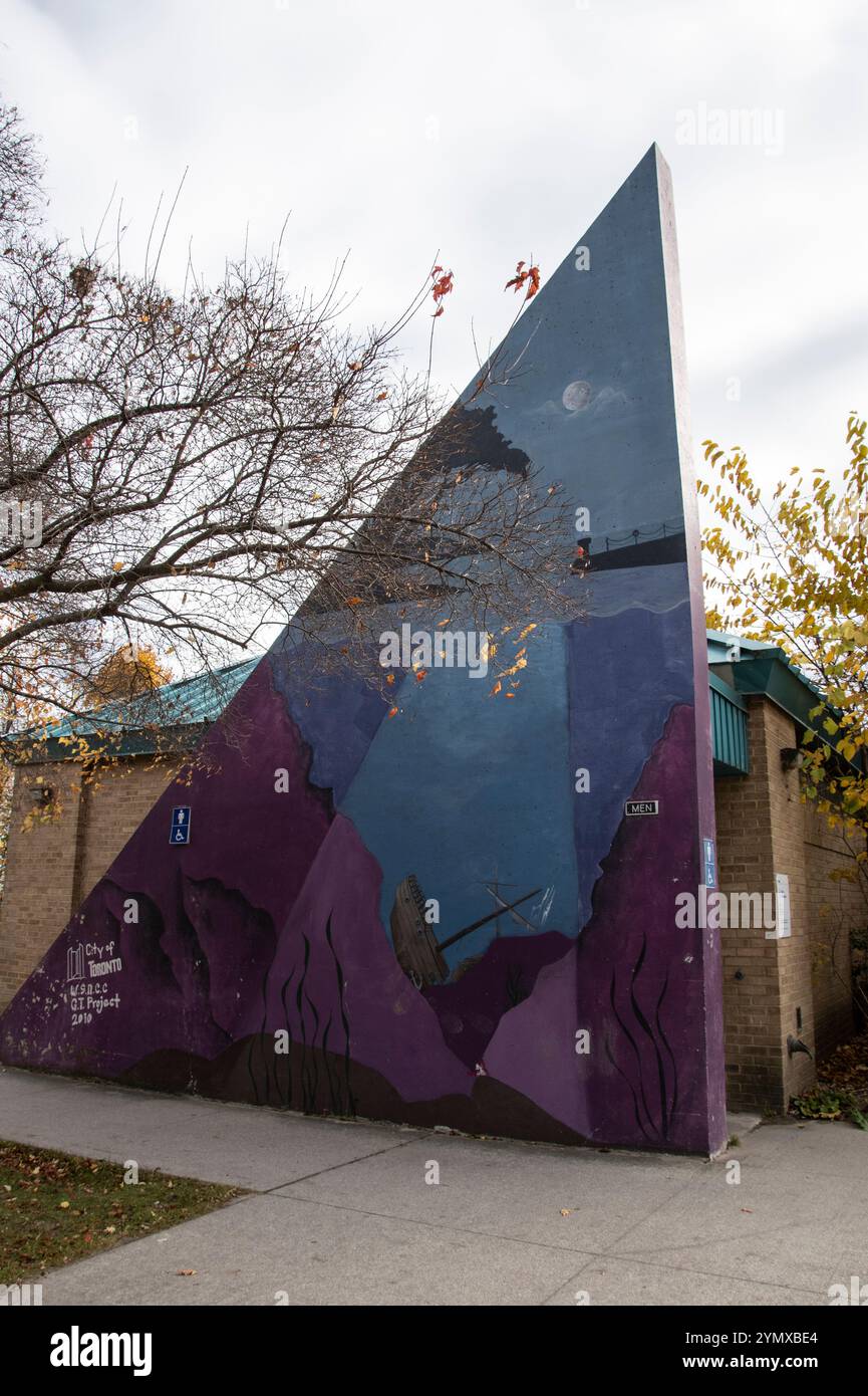 Mural of the beach and lake on the washrooms at Bluffer's Park Beach in ...