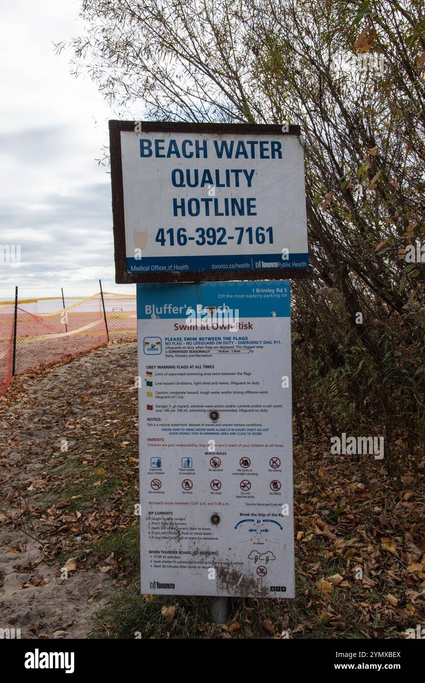 Beach water quality hotline sign at Bluffer's Park Beach in Scarborough ...
