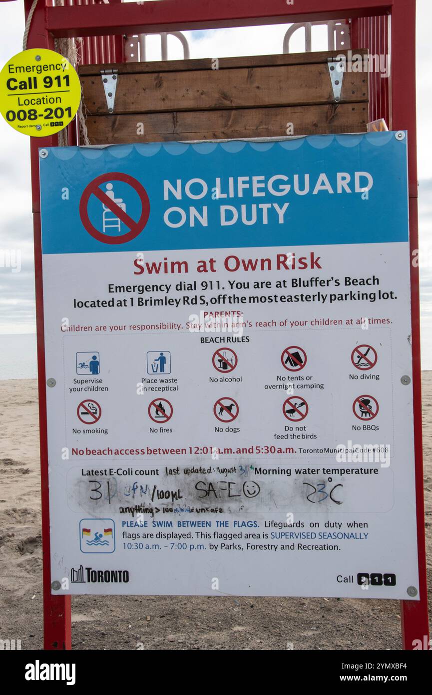 Swim at own risk sign on a lifeguard station at Bluffer's Park Beach in ...