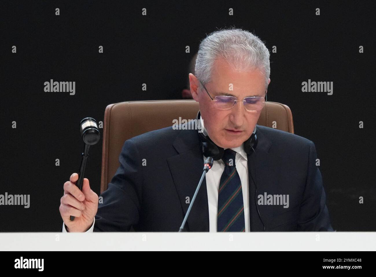 Mukhtar Babayev, COP29 President, bangs the gavel during a plenary session at the COP29 U.N ...