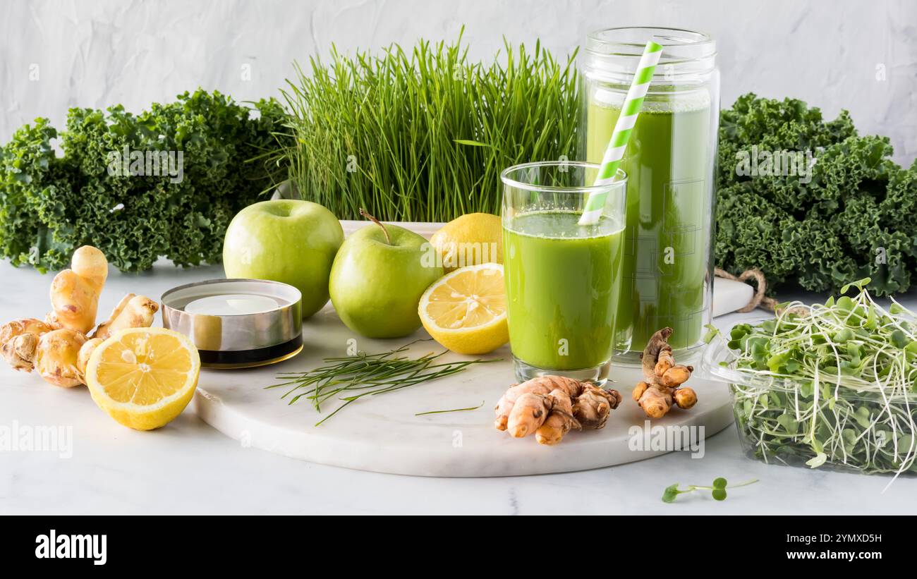 Narrow view of a collection of ingredients used to make a healthy green ...