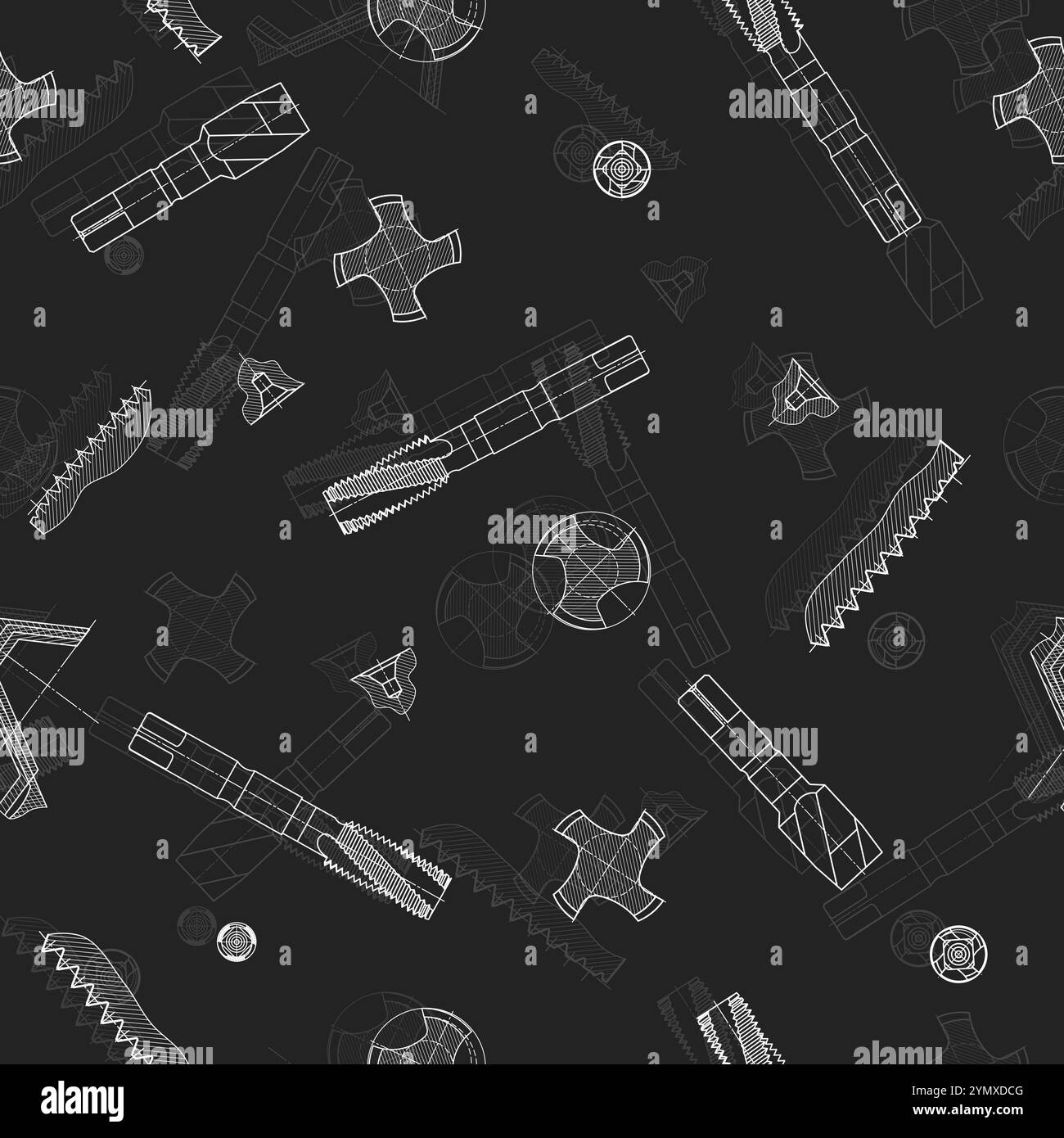 Mechanical engineering drawings on black background. Tap tools, borer ...