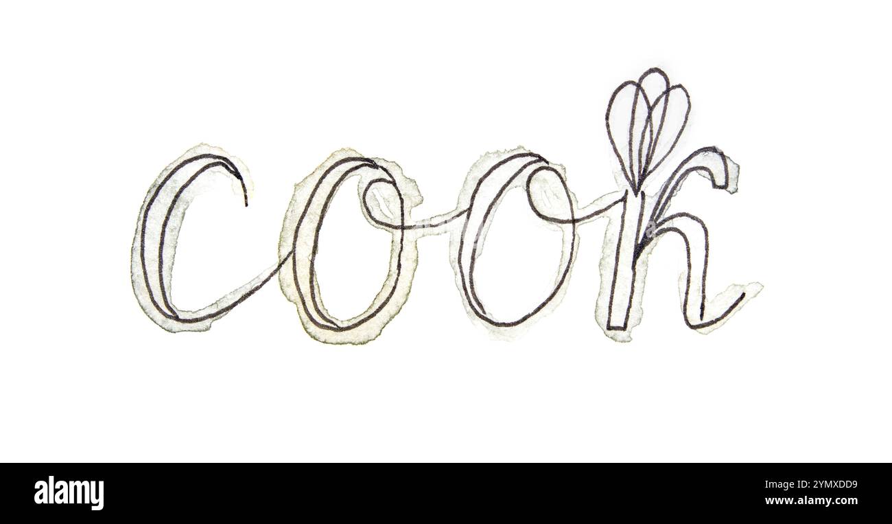 Creative handwritten word 'cook' with whisk element in unique artistic ...