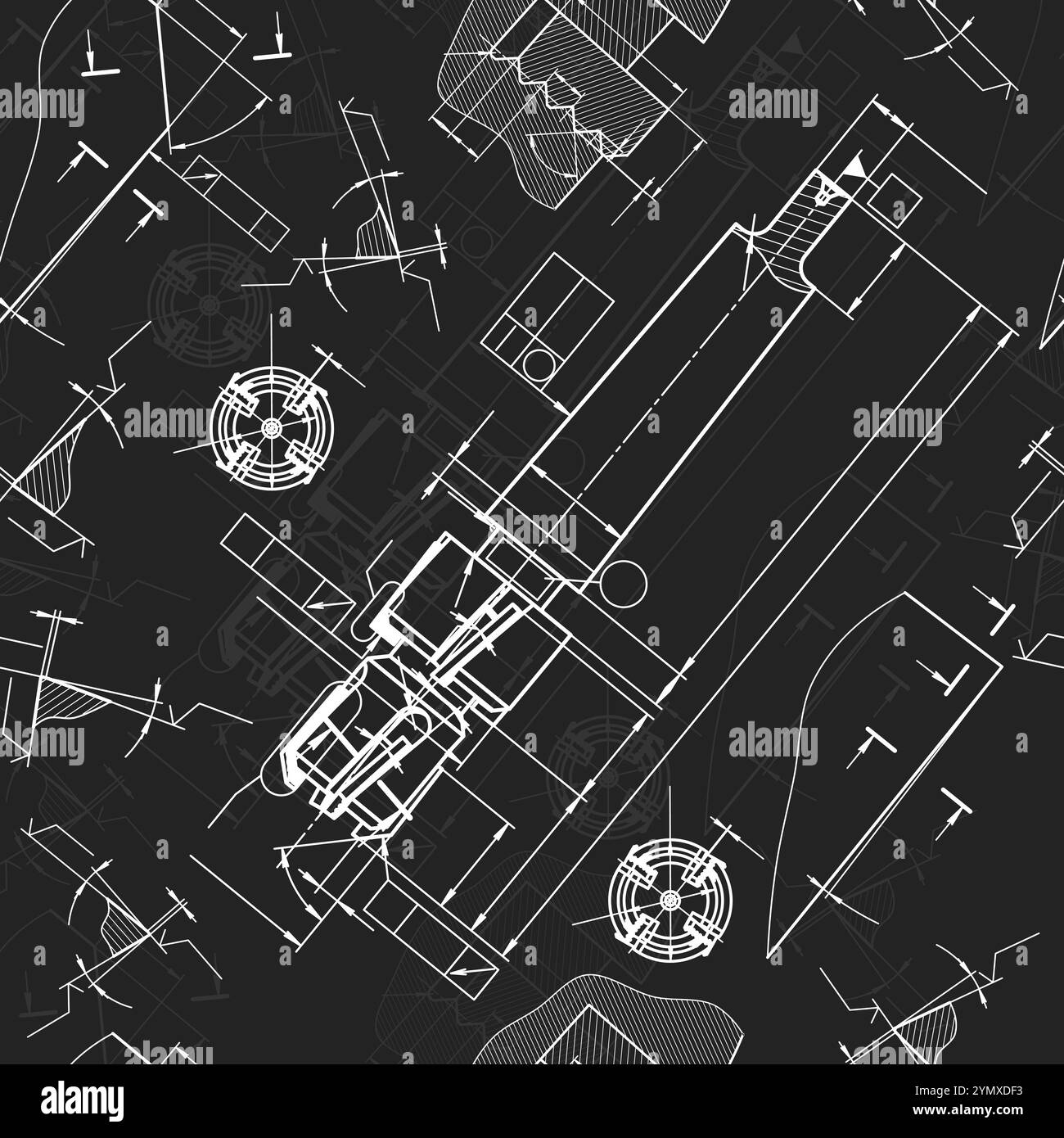 Mechanical engineering drawings on black background. Tap tools, borer ...