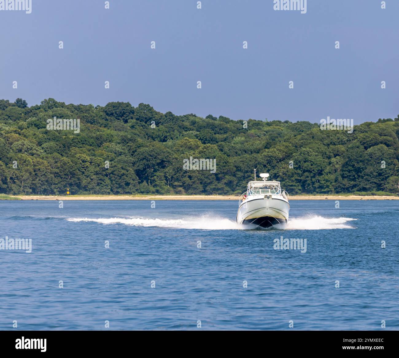 power boat, head on with shelter island, ny Stock Photo - Alamy