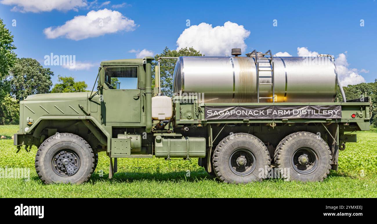 large army truck with Sagaponack farm distillery sign displayed Stock ...