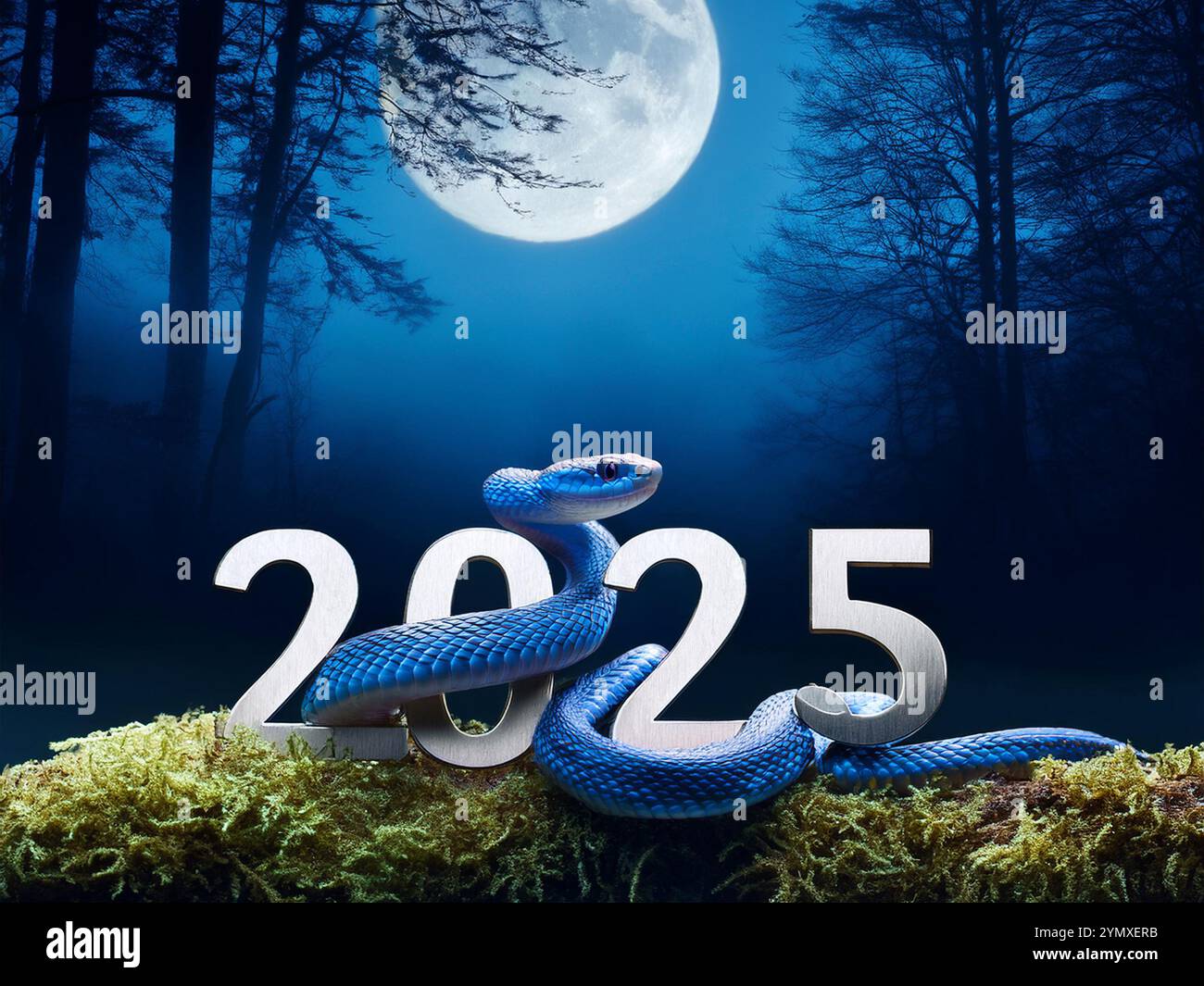 A blue snake symbolizing the year 2025, wrapping around the number 2025 ...