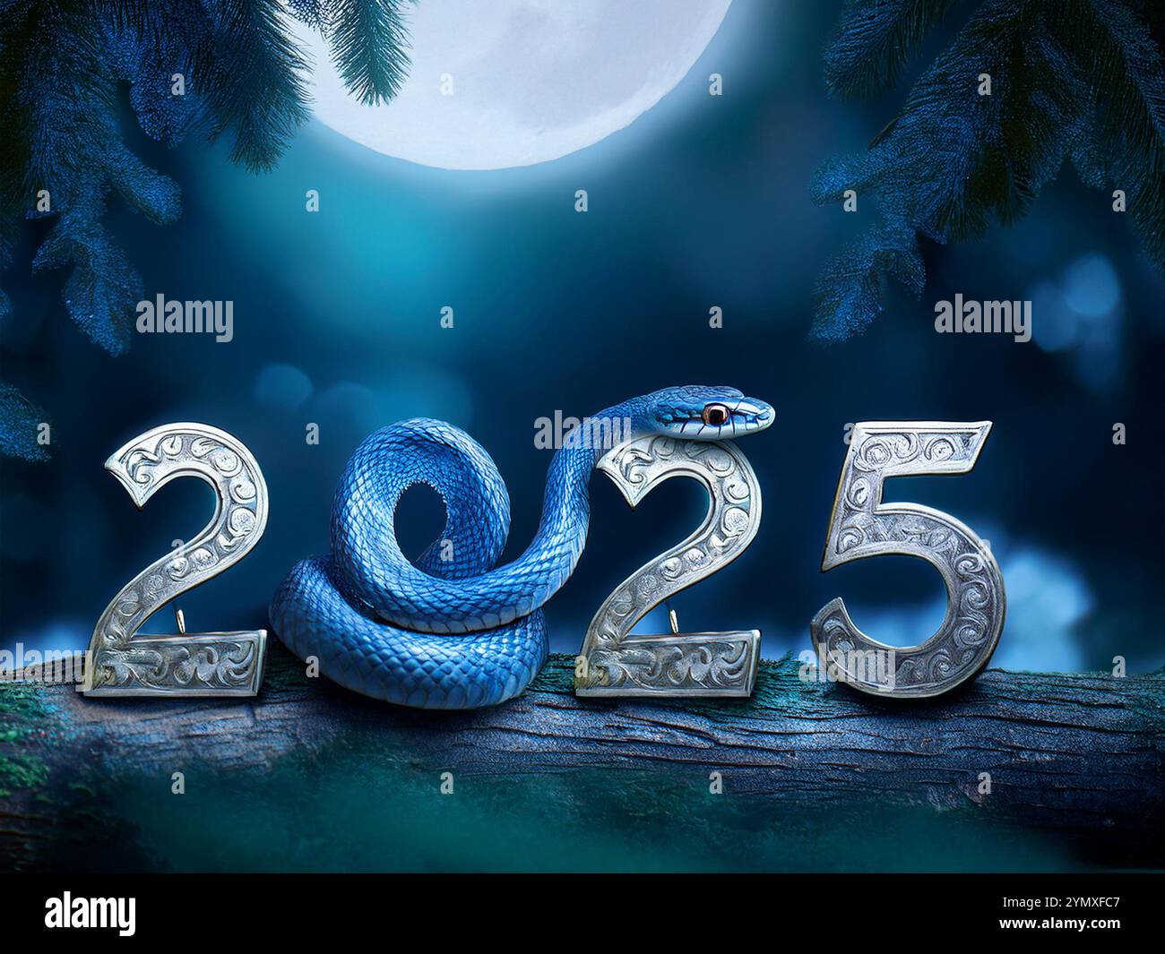 A blue snake symbolizing the year 2025, wrapping around the number 2025 ...