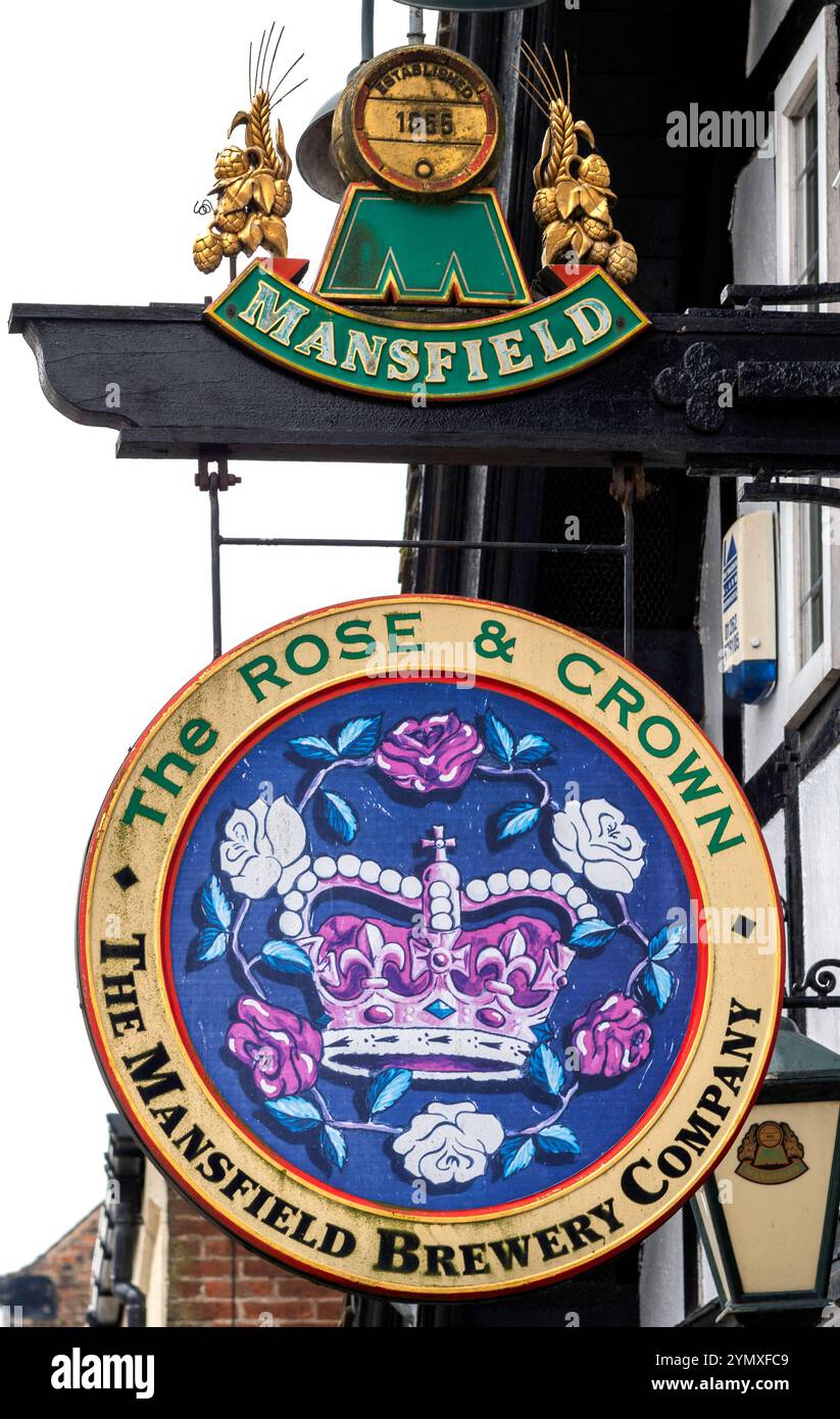 Traditional hanging pub sign at The Rose & Crown - A Mansfield Brewery ...