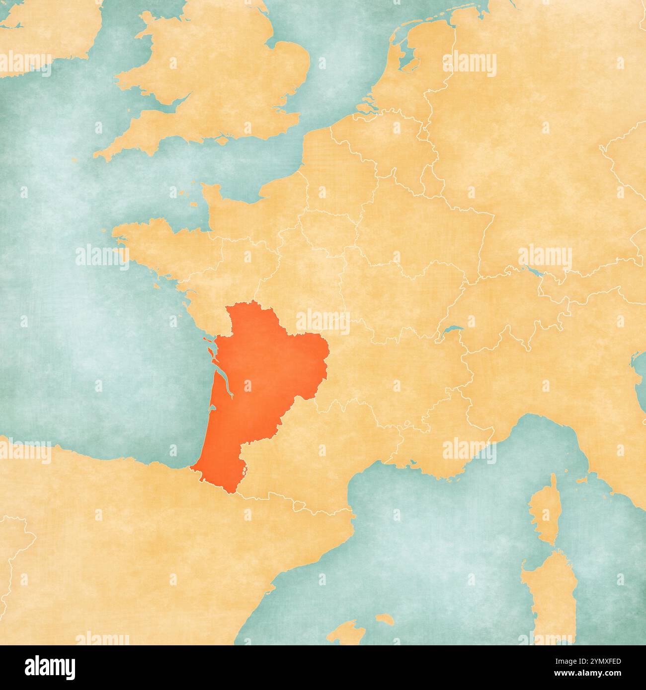 Nouvelle-Aquitaine on the map of France in soft grunge and vintage ...