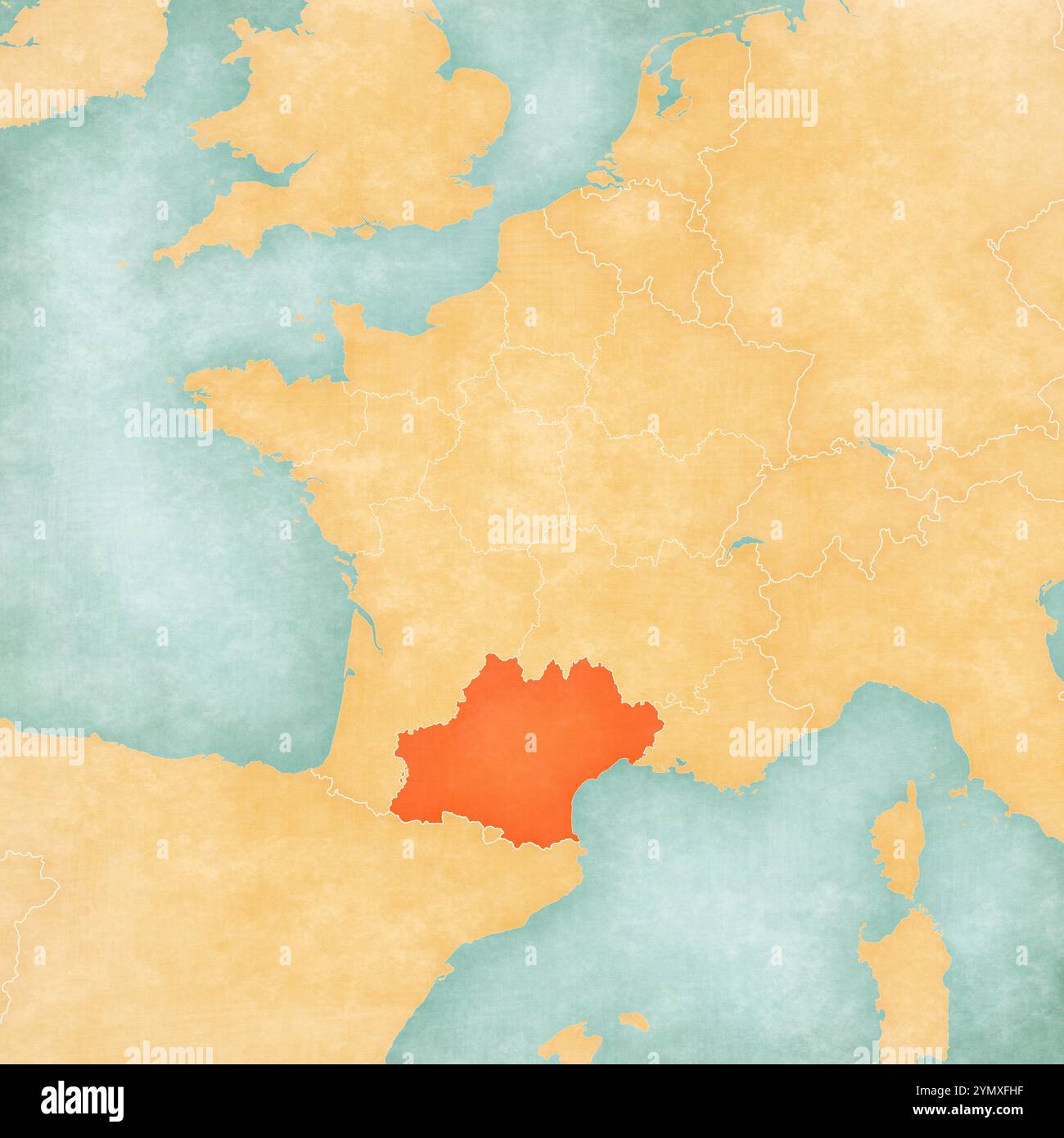 Occitania on the map of France in soft grunge and vintage style, like ...