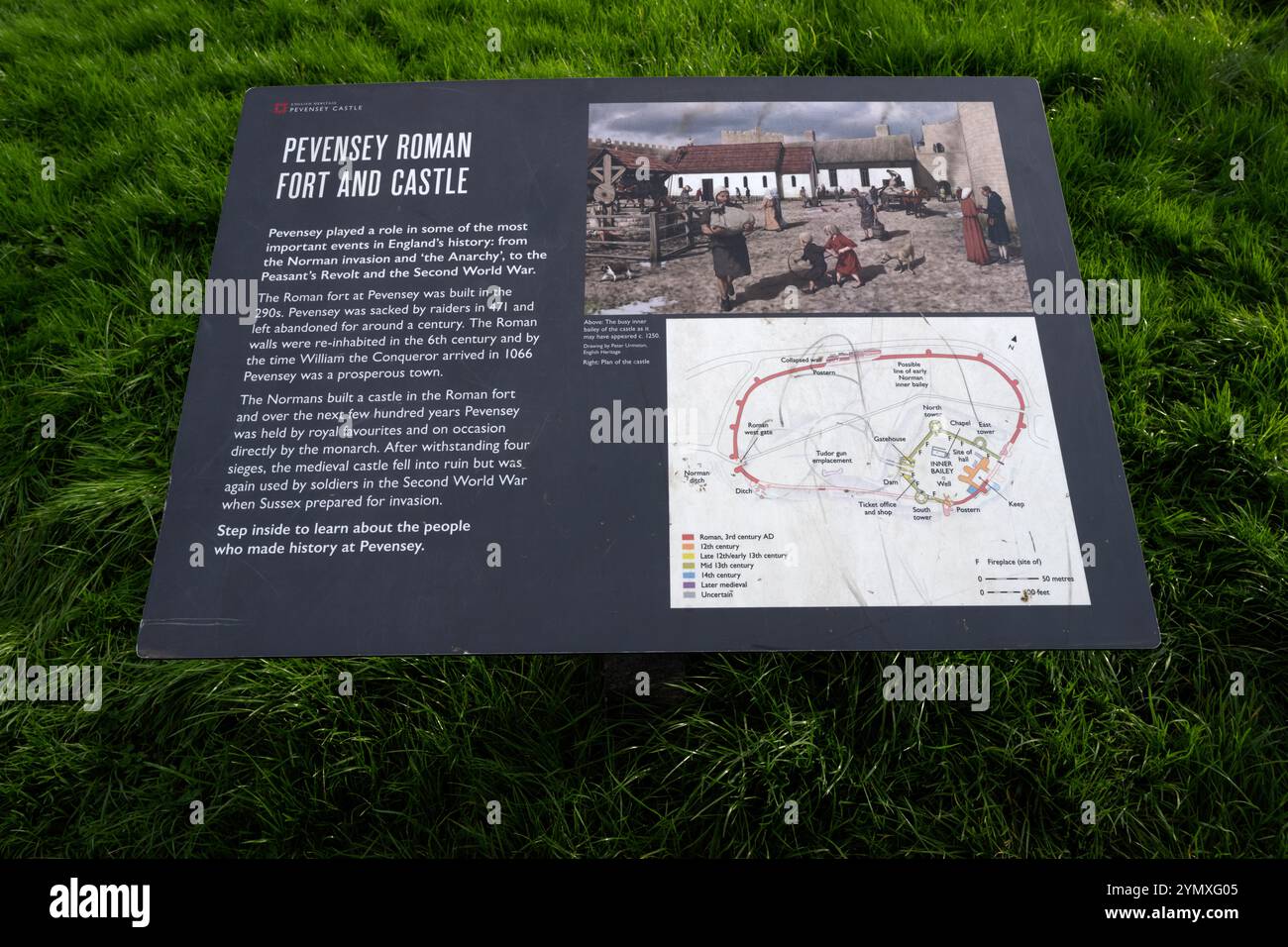 Visitor information board at Pevensey Castle, Pevensey, East Sussex ...